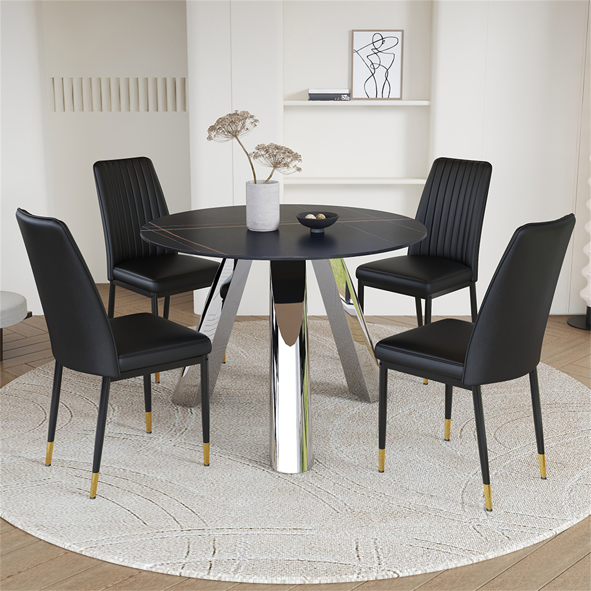 Wrought Studio™ A 42-Inch Round Dining Table With A Top And Stainless ...