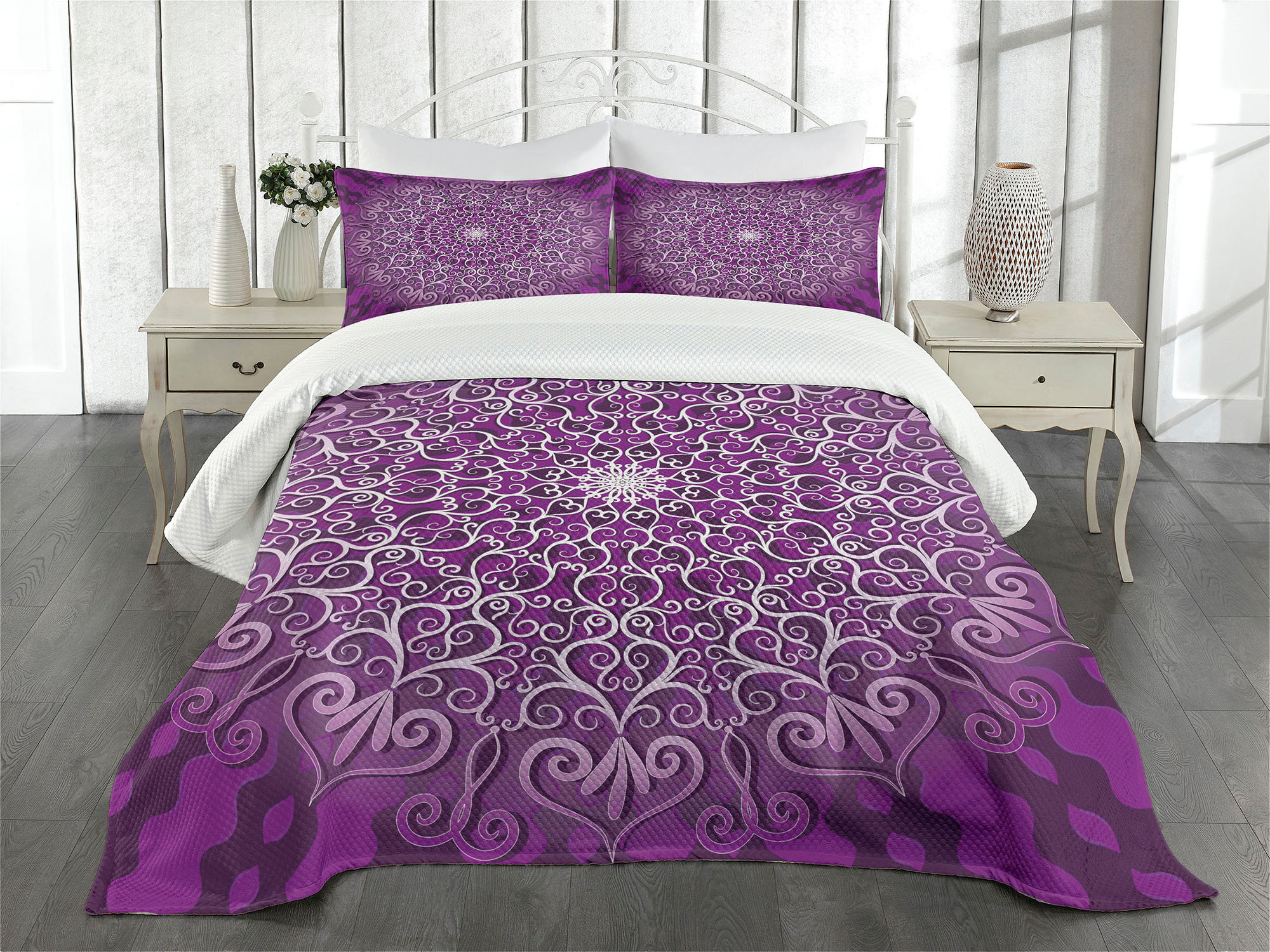 Ambesonne Purple Mandala Bedspread Set Tibetian Cosmos White Purple ...