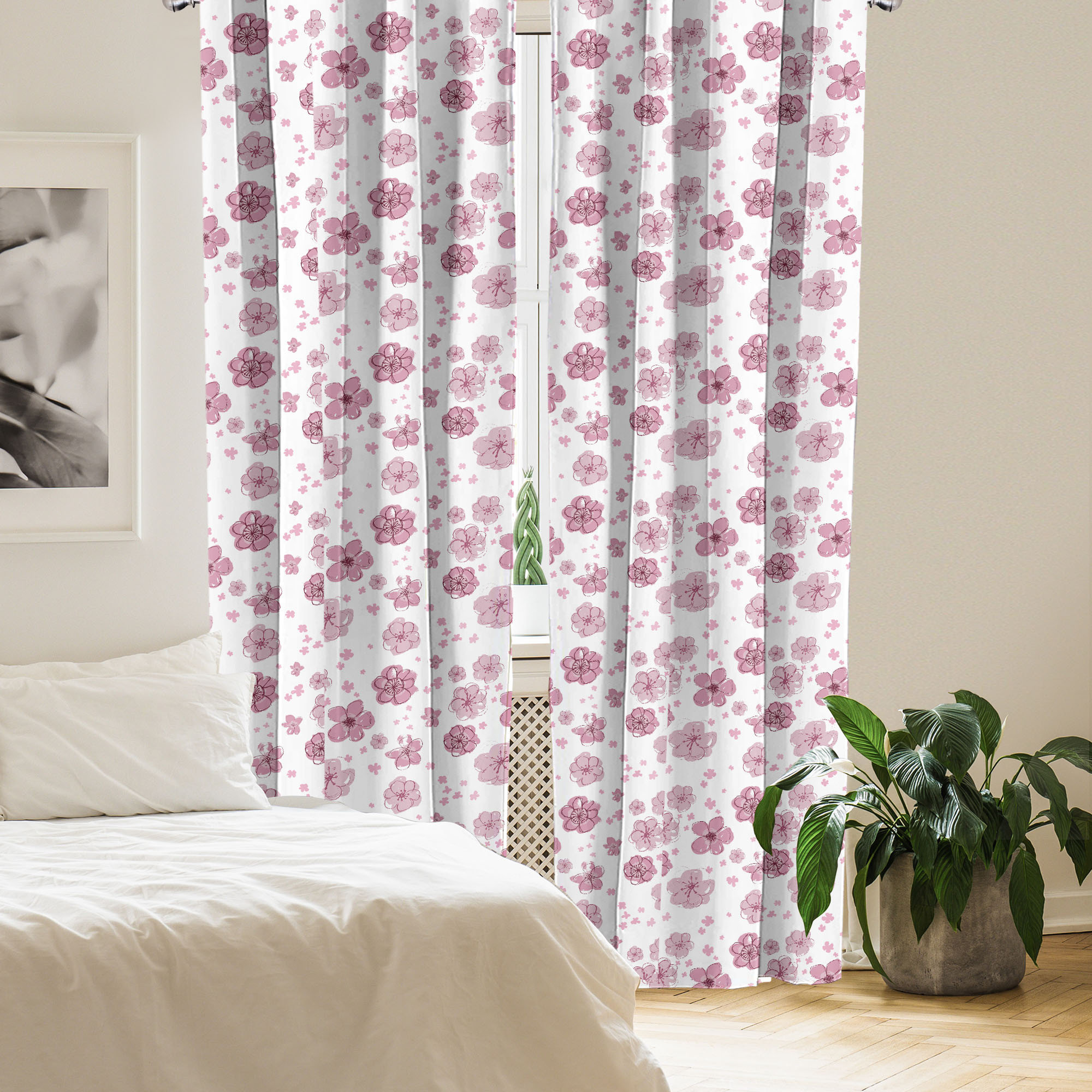 East Urban Home Floral 4-Panel Curtains, Repeating Magenta Flowers Soft ...