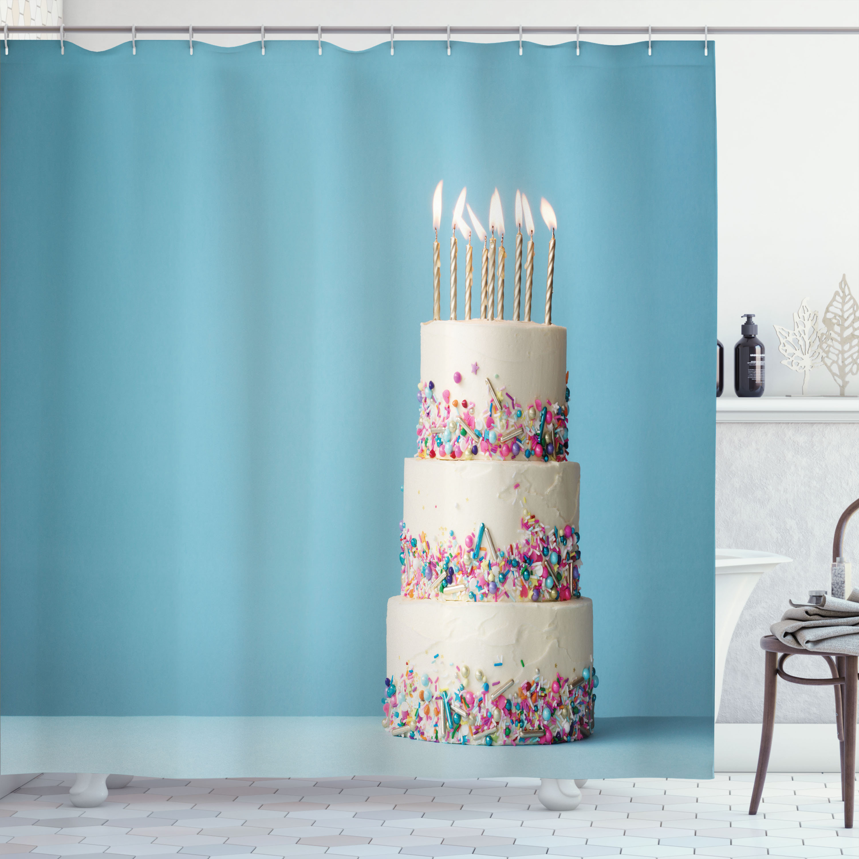 Latitude Run® Colorful Shower Curtain Happy Big Birthday Cake Pale Teal ...