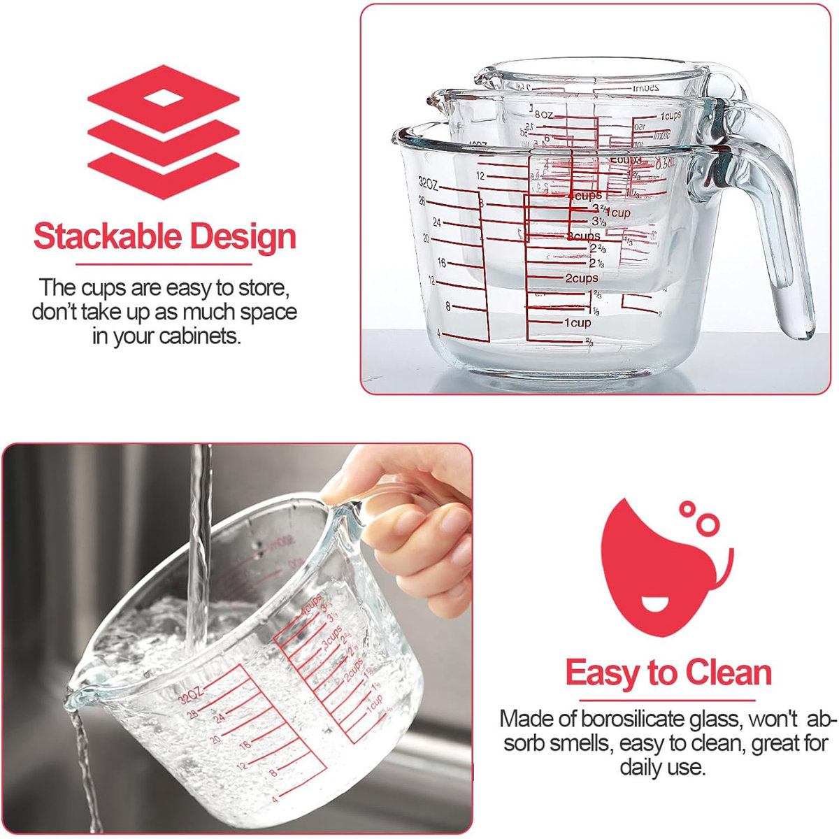 Toledo Bath & Kitchen 6 Pcs Glass Measuring Cups With Lids Set, 1-Cup ...