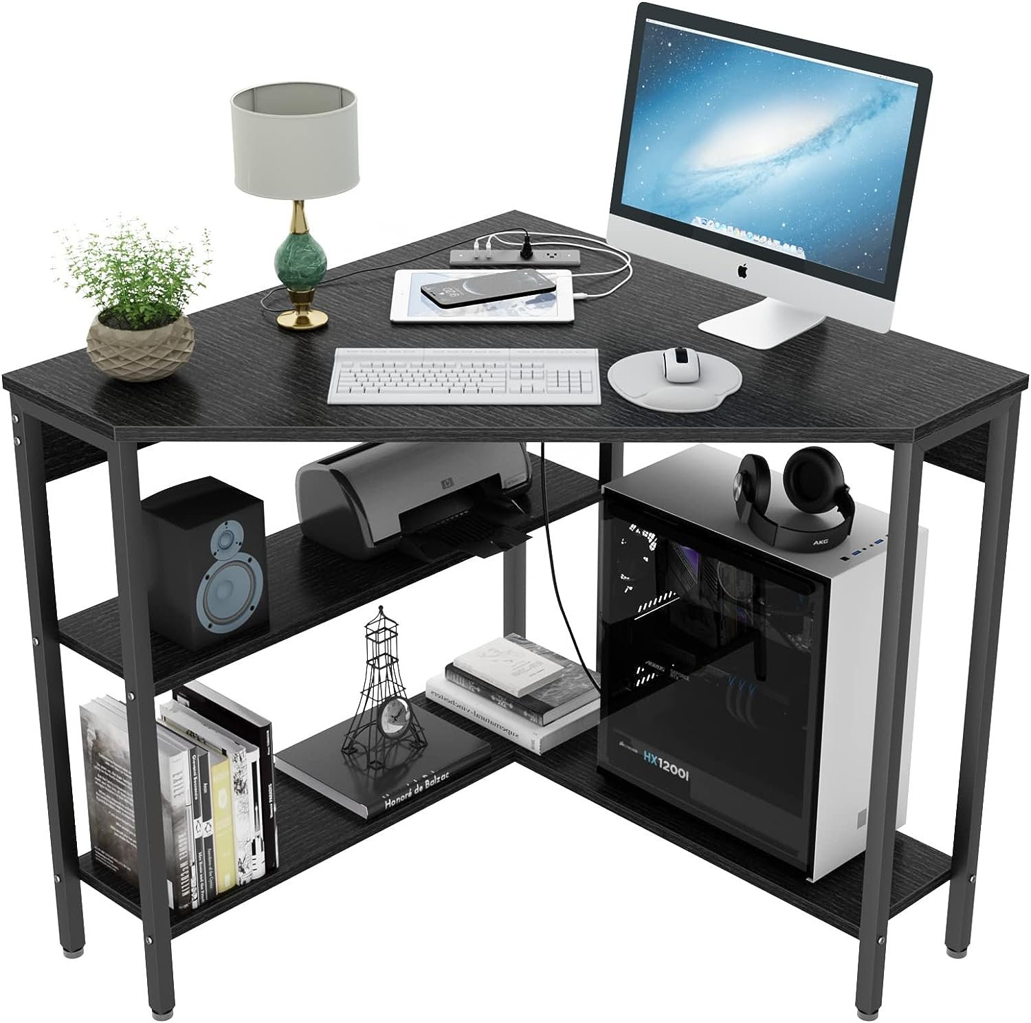 17 Stories Hatal Corner Desk with Outlets & USB Ports, 90 Degree ...