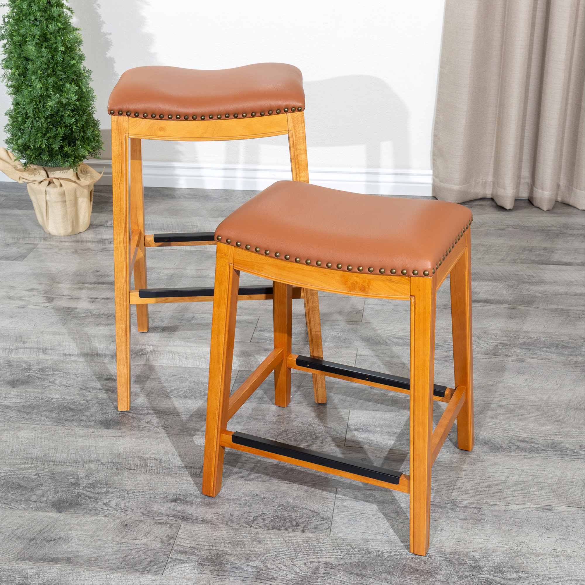 Winston Porter Sturdy Wooden Counter Stool With Leather Seat And ...