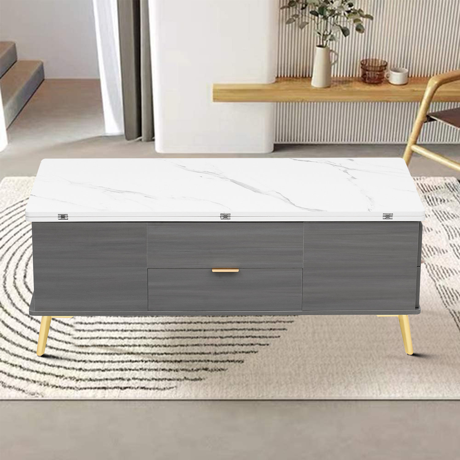 Everly Quinn Verl Versatile and Practical Coffee Table with Lift Artificial Marble Top and ...
