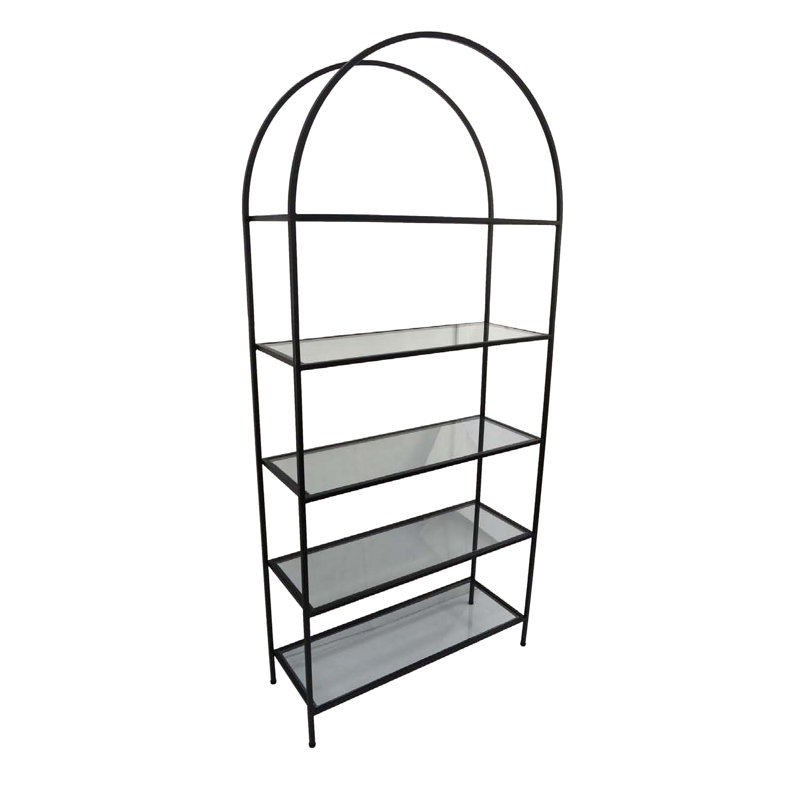 Benjara Pete Display Stand Rack, 5 Glass Shelves, Arched Metal 72 Inch ...