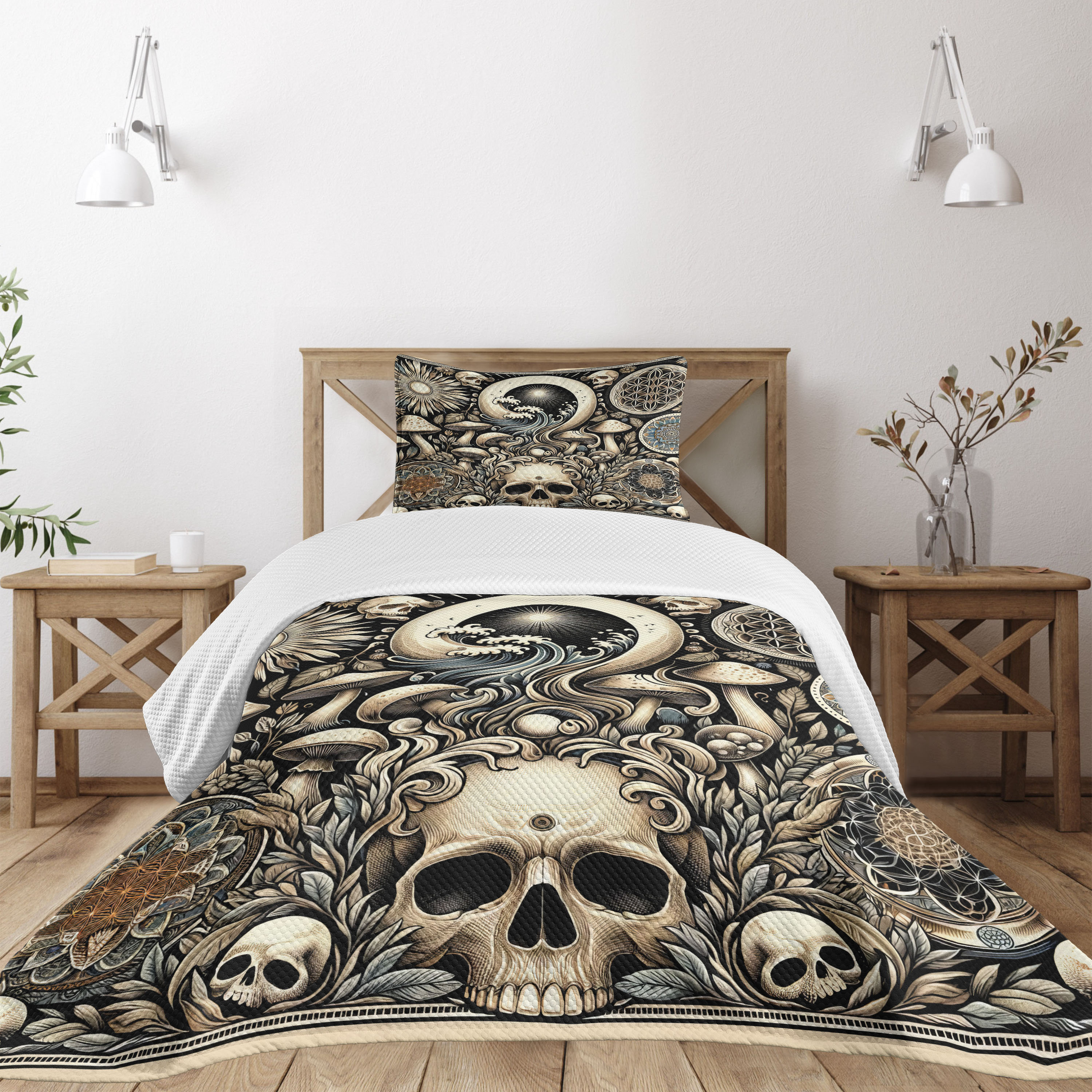 Ambesonne Gothic Art Bedspread Mushroom Skulls Occult 429993 | Wayfair