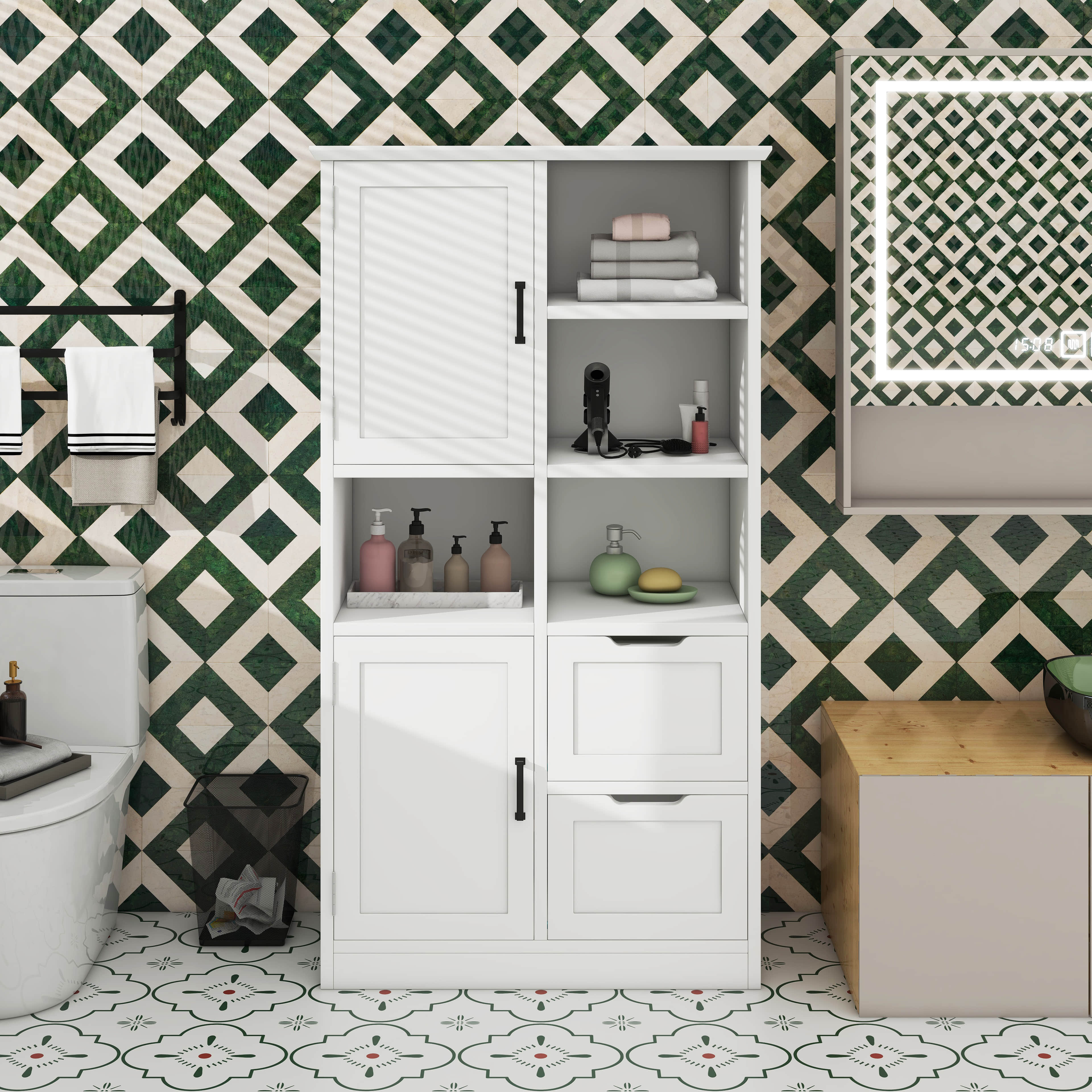 Rebrilliant Bathroom Storage Cabinet With Doors And Drawers, Multiple ...