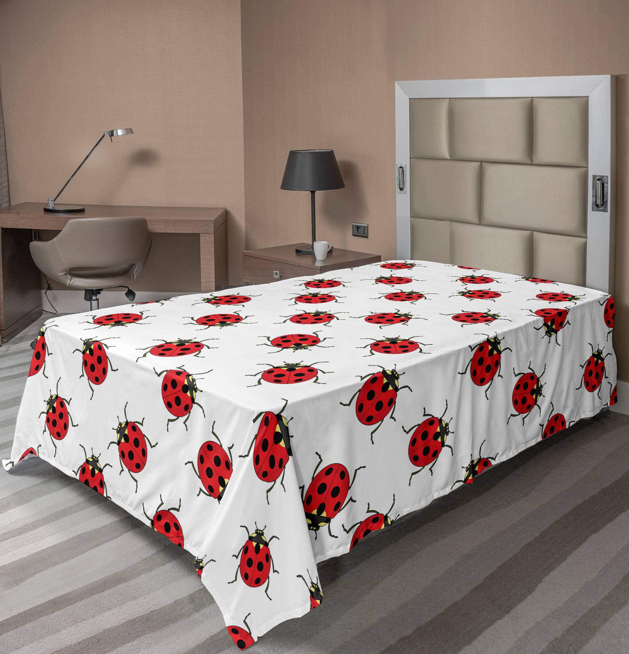 Ambesonne Cartoon Top Flat Sheet Ladybugs Funny Art Pattern White and ...