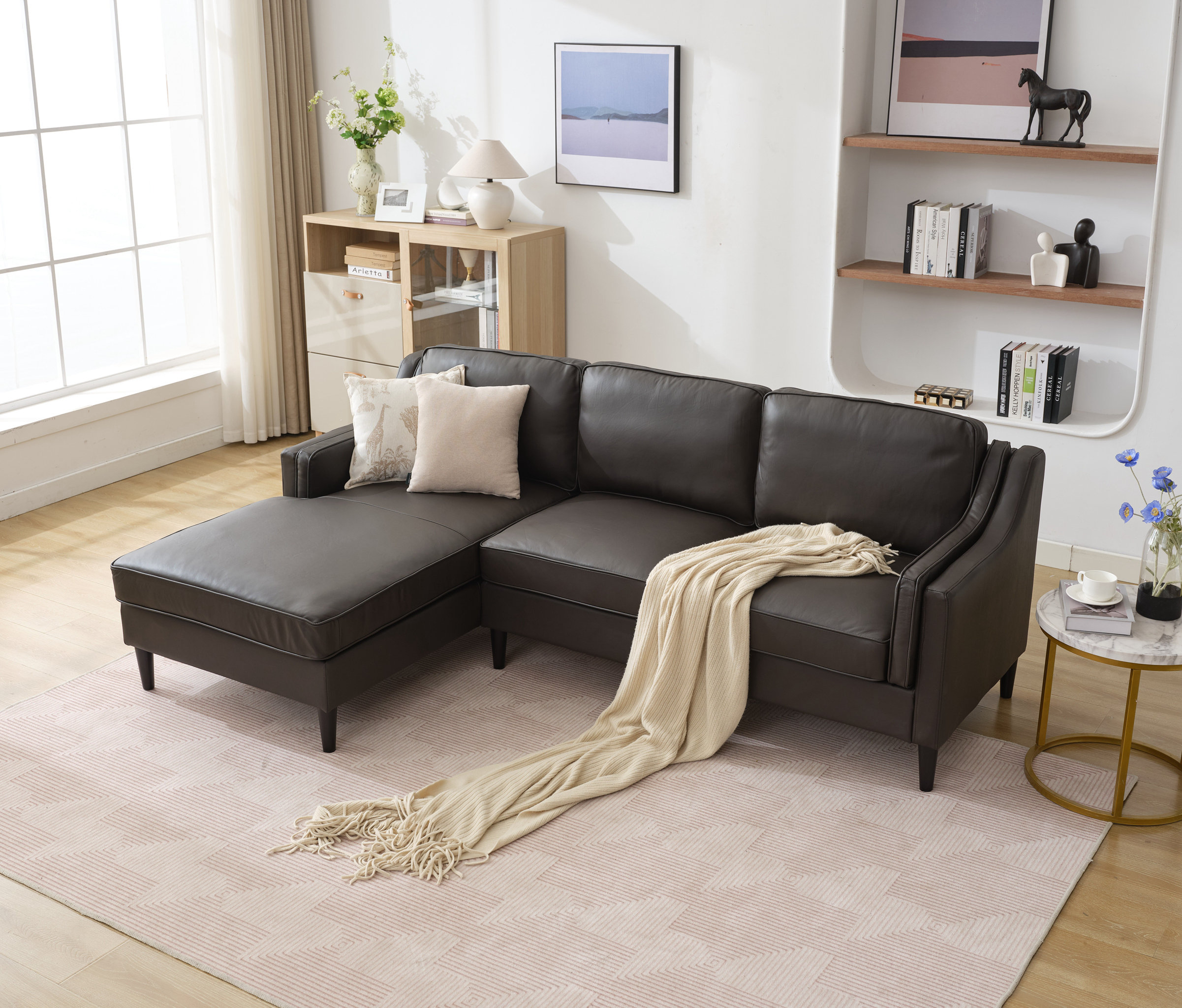 Lark Manor L-Shaped Genuine Leather Sofa With Chaise Lounge, Left ...