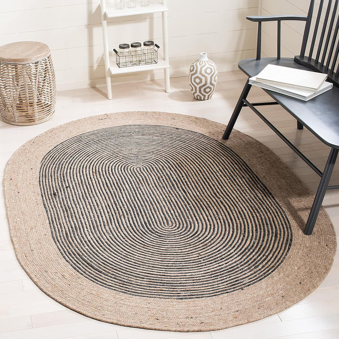 Isabelline 4' x 6' Oval Beige/Black Handmade Wool Braided Area Rug ...