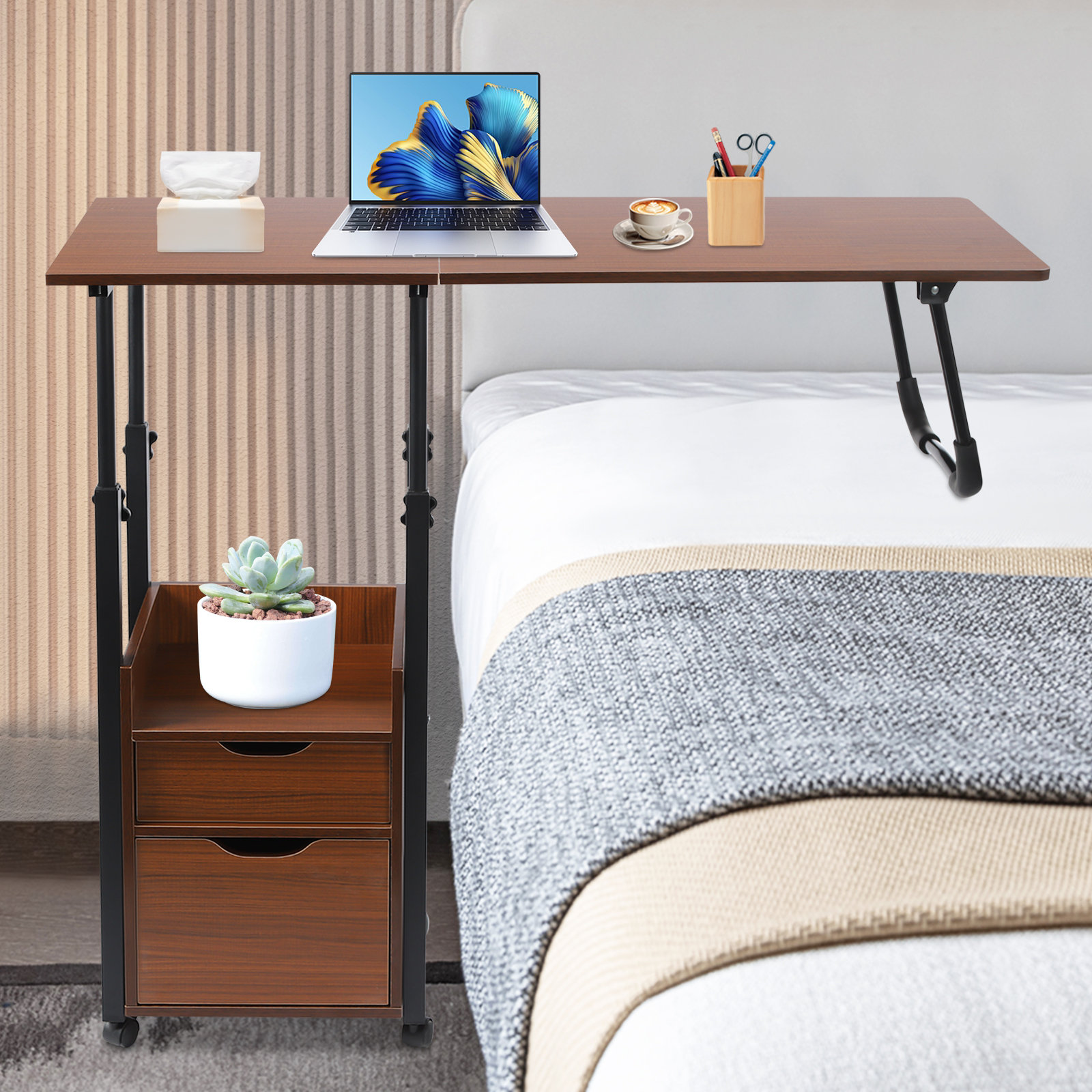 SUNYOU Overbed Table with Wheels-Height Adjustable Over Bed Desk ...