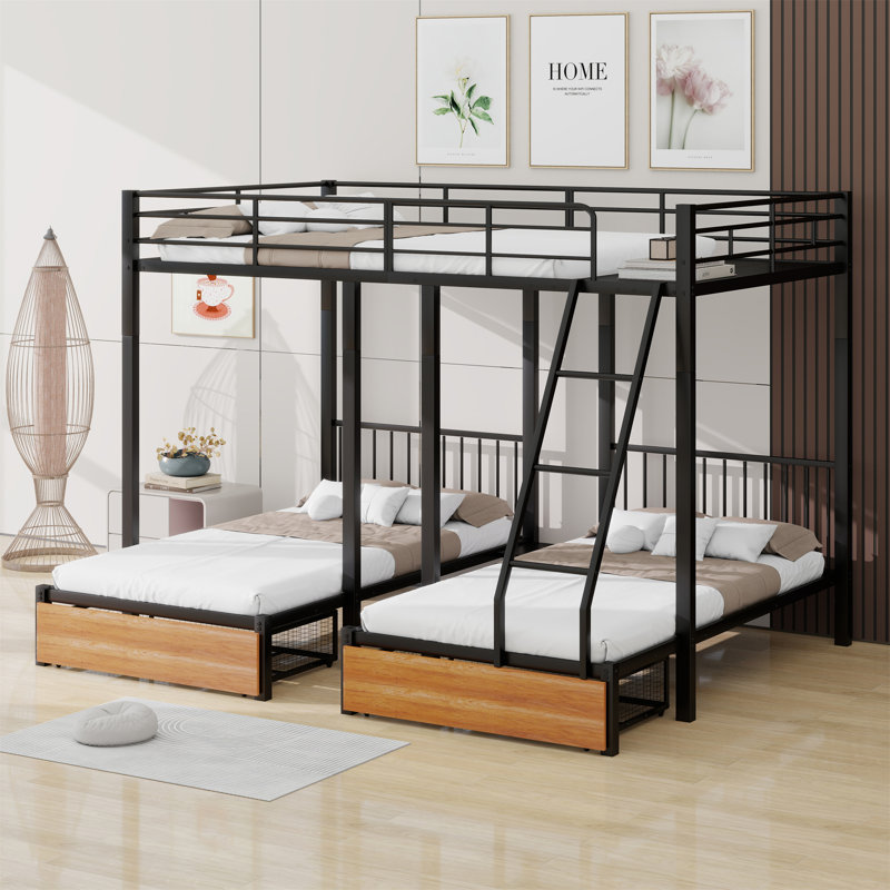 Mason & Marbles Metal Triple Bunk Bed With Drawers And Guardrails | Wayfair