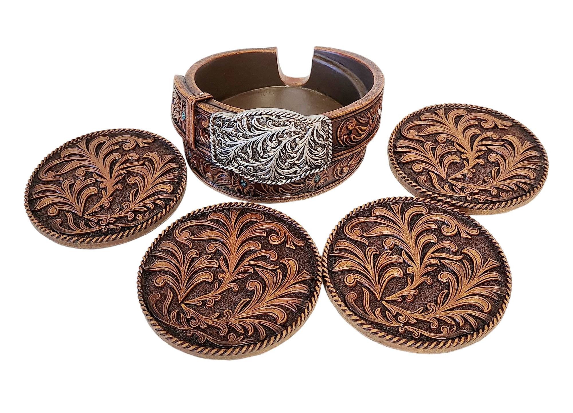 De Leon Collections Tooled Leather Look Brown Belt Floral Scrolls ...