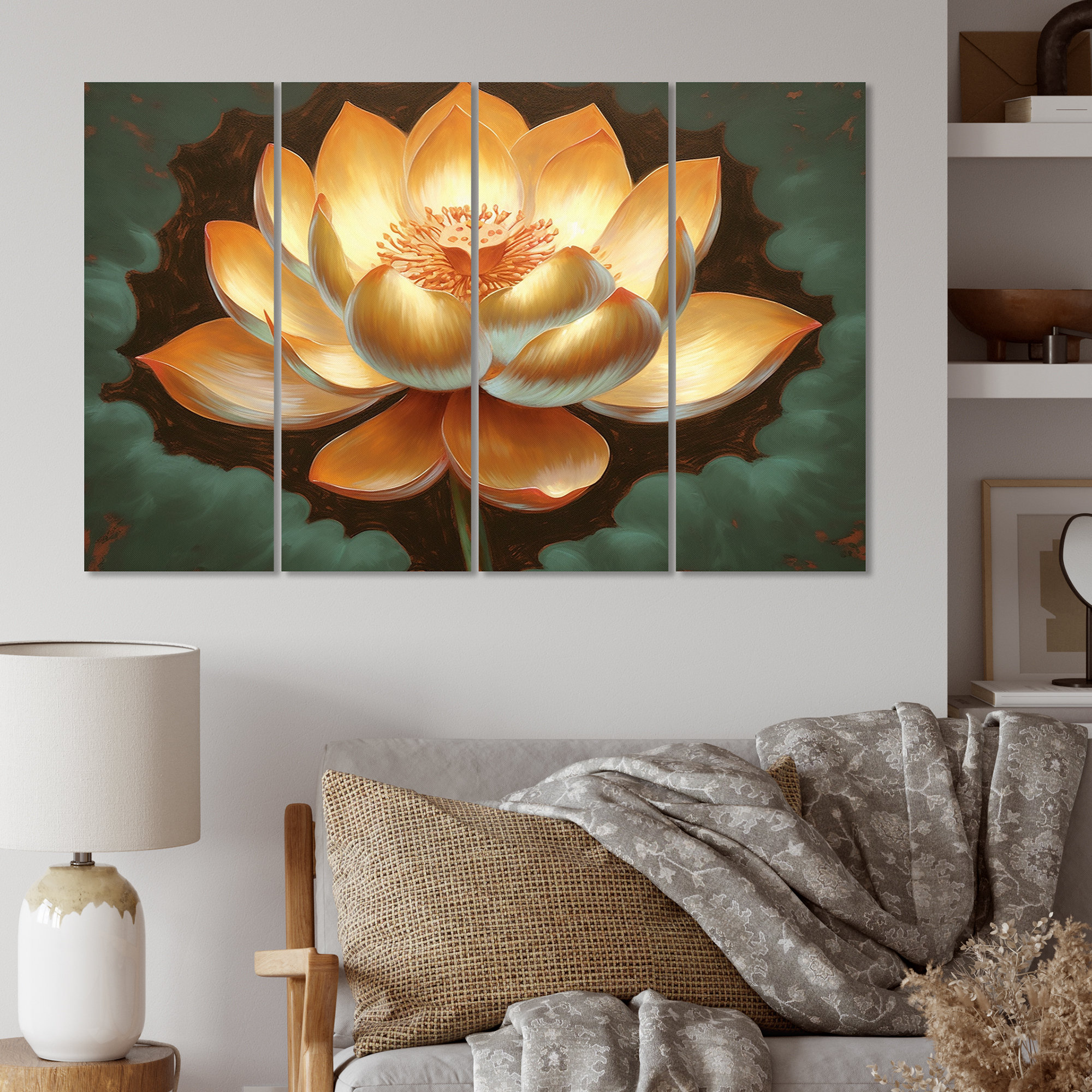 Winston Porter Golden Blooming Retro Lotus - Lotus Wall Art Living Room ...