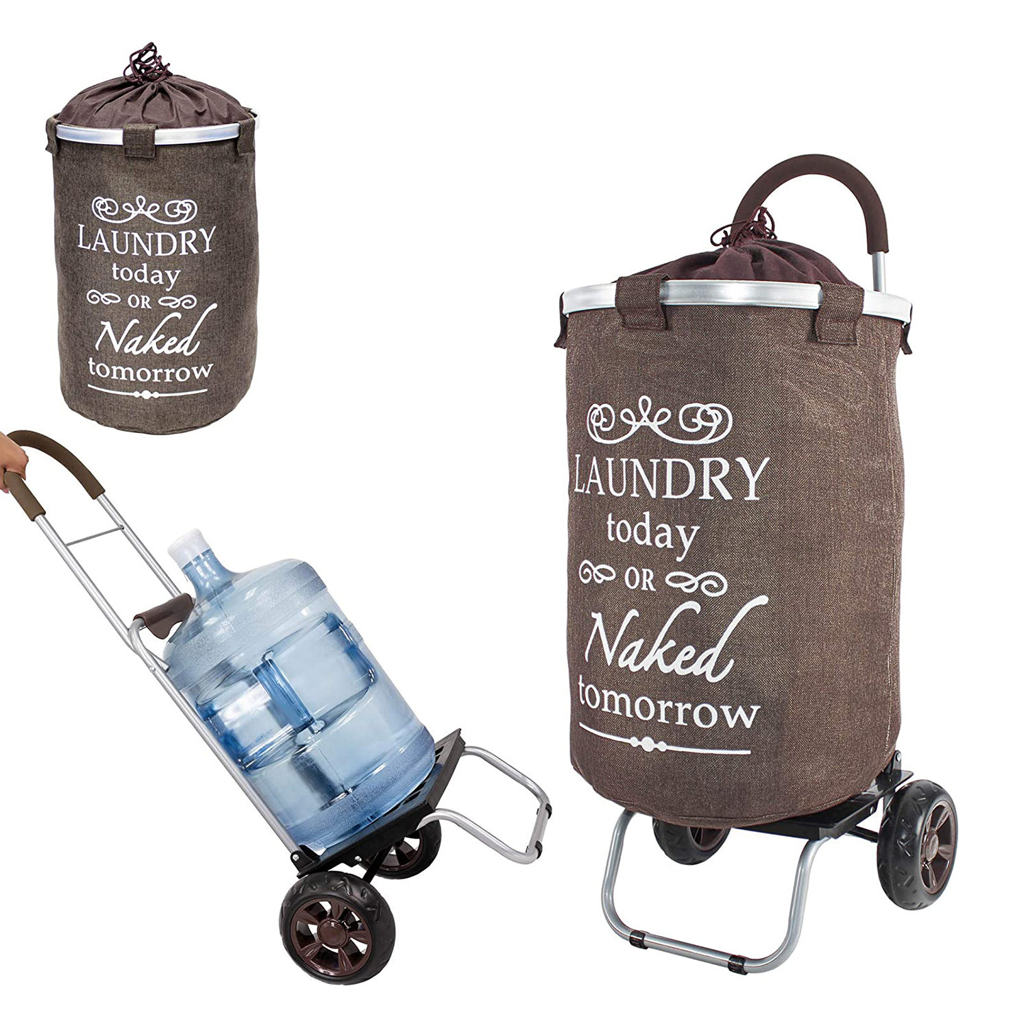dbest products Laundry Trolley Dolly, Brown Laundry Bag Hamper Basket ...