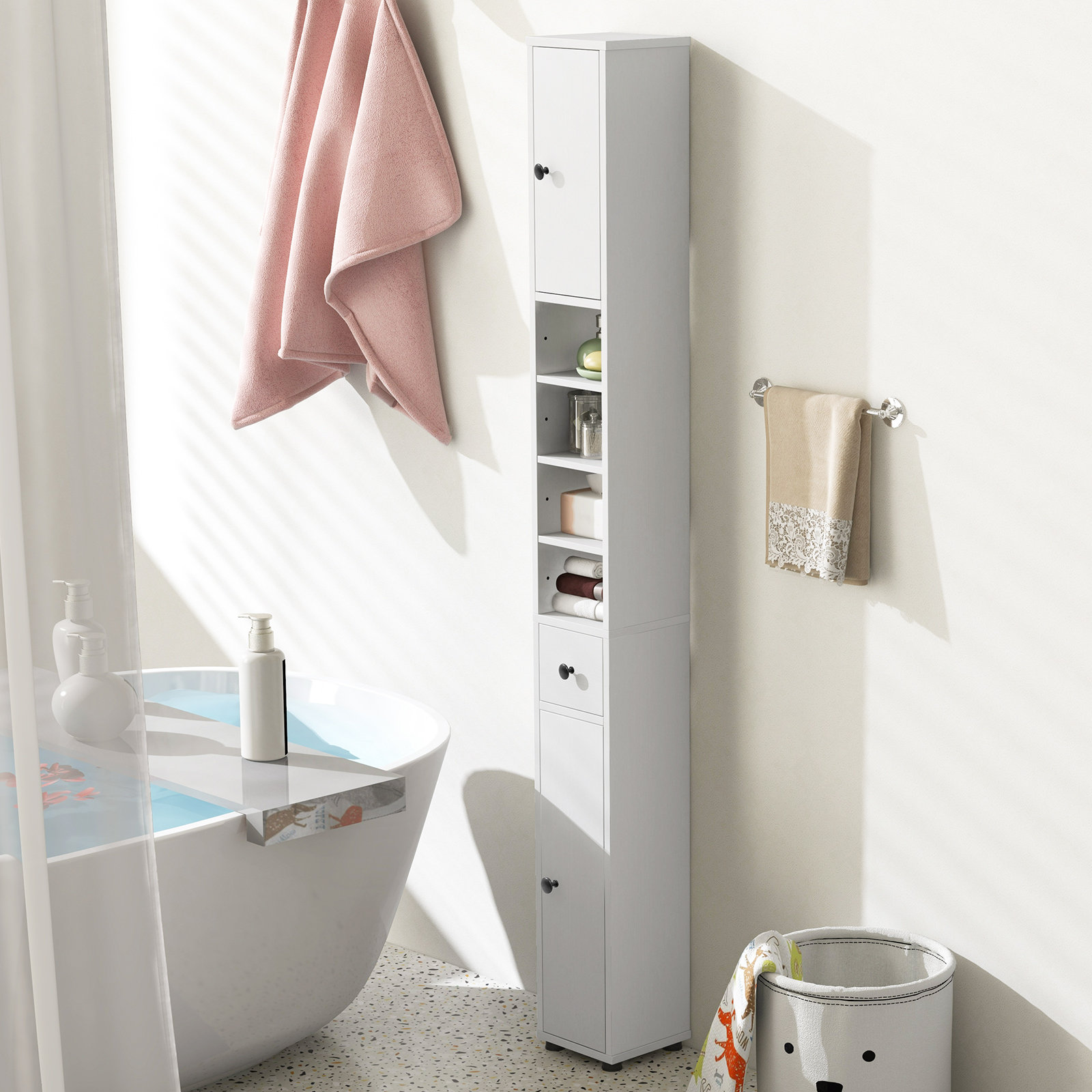 Latitude Run® Tall Slim Bathroom Storage Cabinet Linen Tower W/ Drawer ...