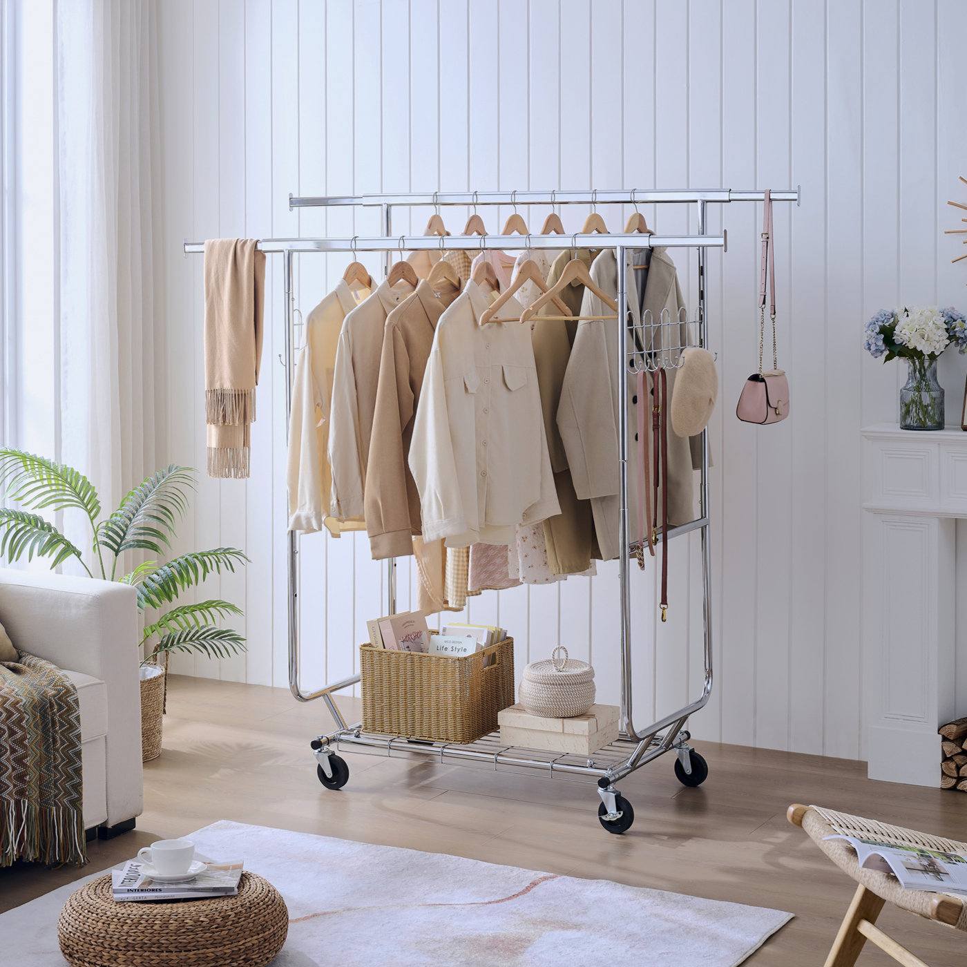 Rebrilliant Double Clothing Garment Rack With Shelves Capacity 800Lbs ...