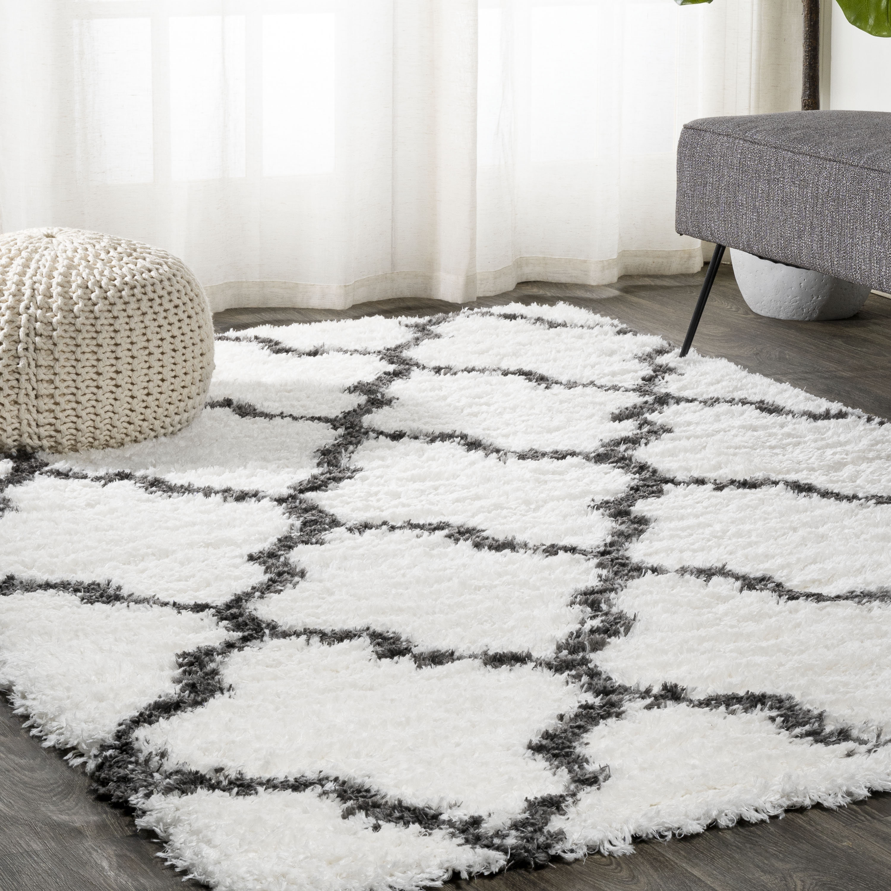 Union Rustic Perego Shag Trellis Ivory/Charcoal Rug | Wayfair