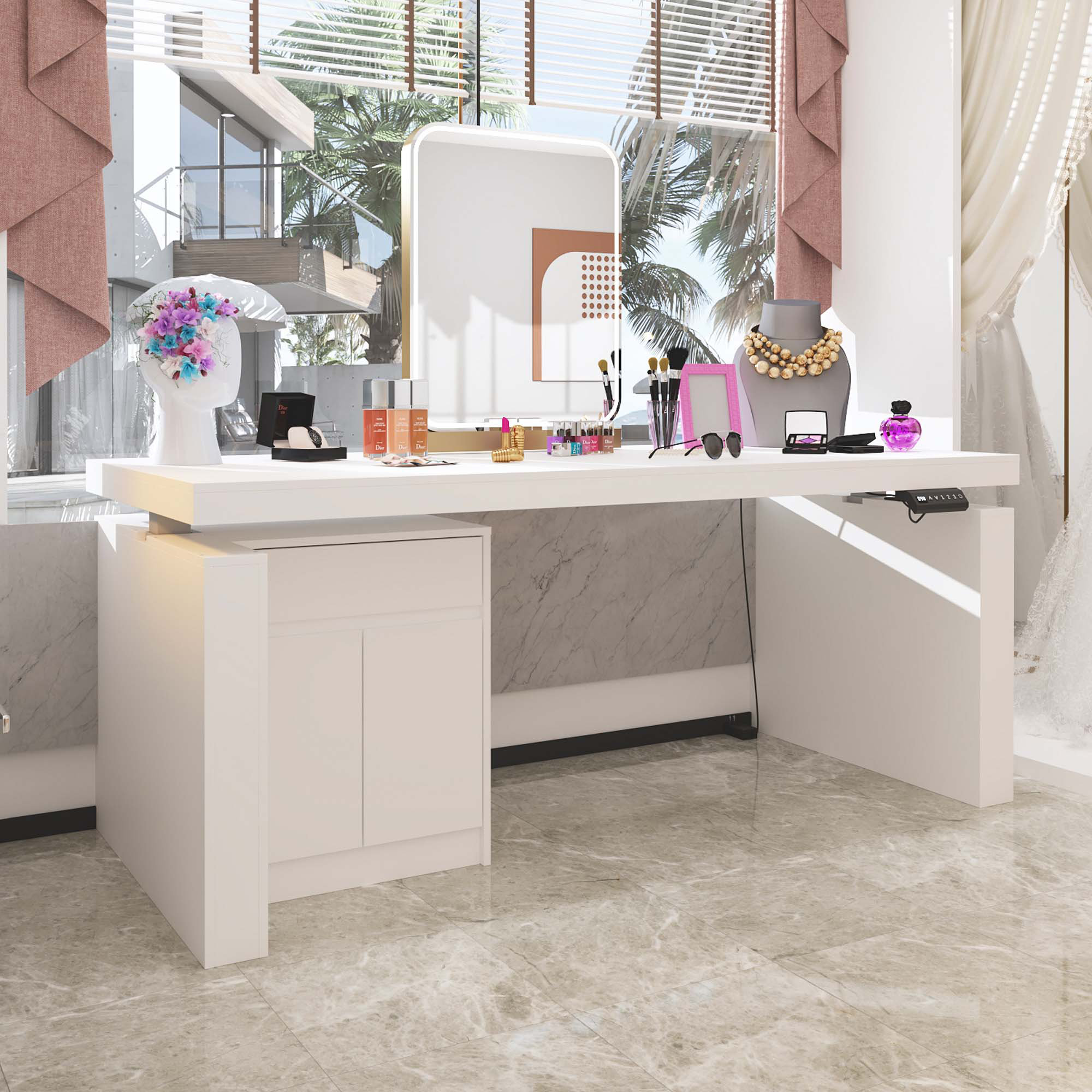 Ivy Bronx Ramyah 70.9" Wide Electric Lift Vanity Table With Push ...