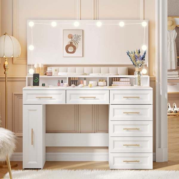 Latitude Run® 47" Large White Vanity Table With Mirror And Lights | Wayfair