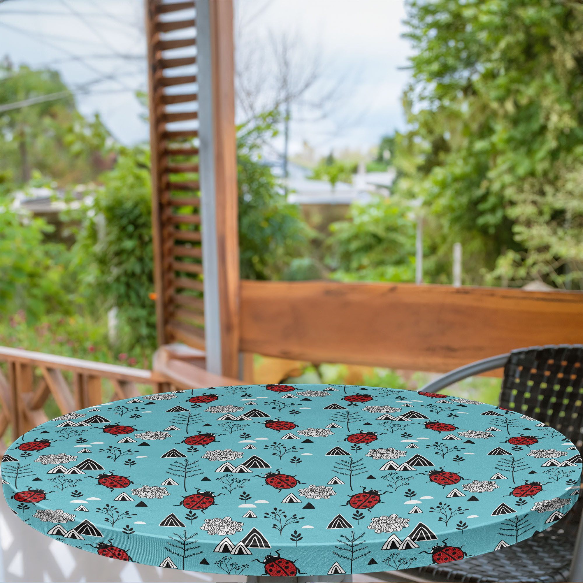 Winston Porter Ladybug Fitted Round Tablecloth Sky Blue Charcoal Grey ...