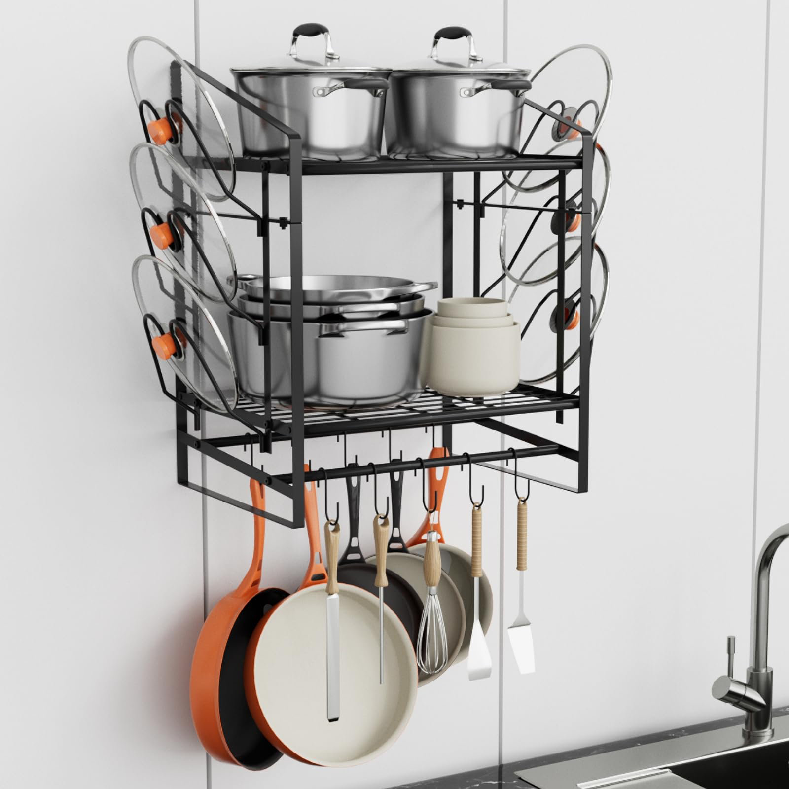 17 Stories 24 Inch Pot Rack Wall Mounted, 2 Tier Pots And Pans ...