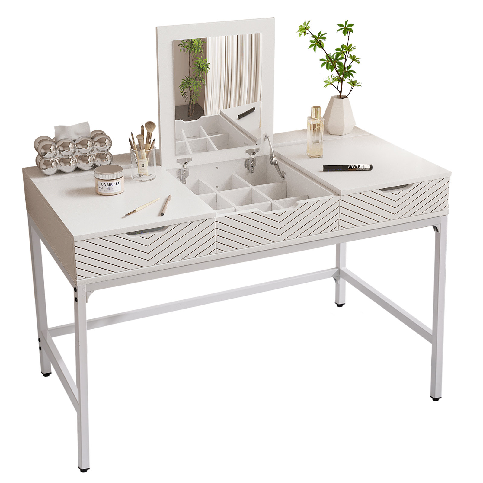 Ebern Designs Multi-functional Dressing & Office Table With Hidden Flip Mirror, Spacious Storage ...