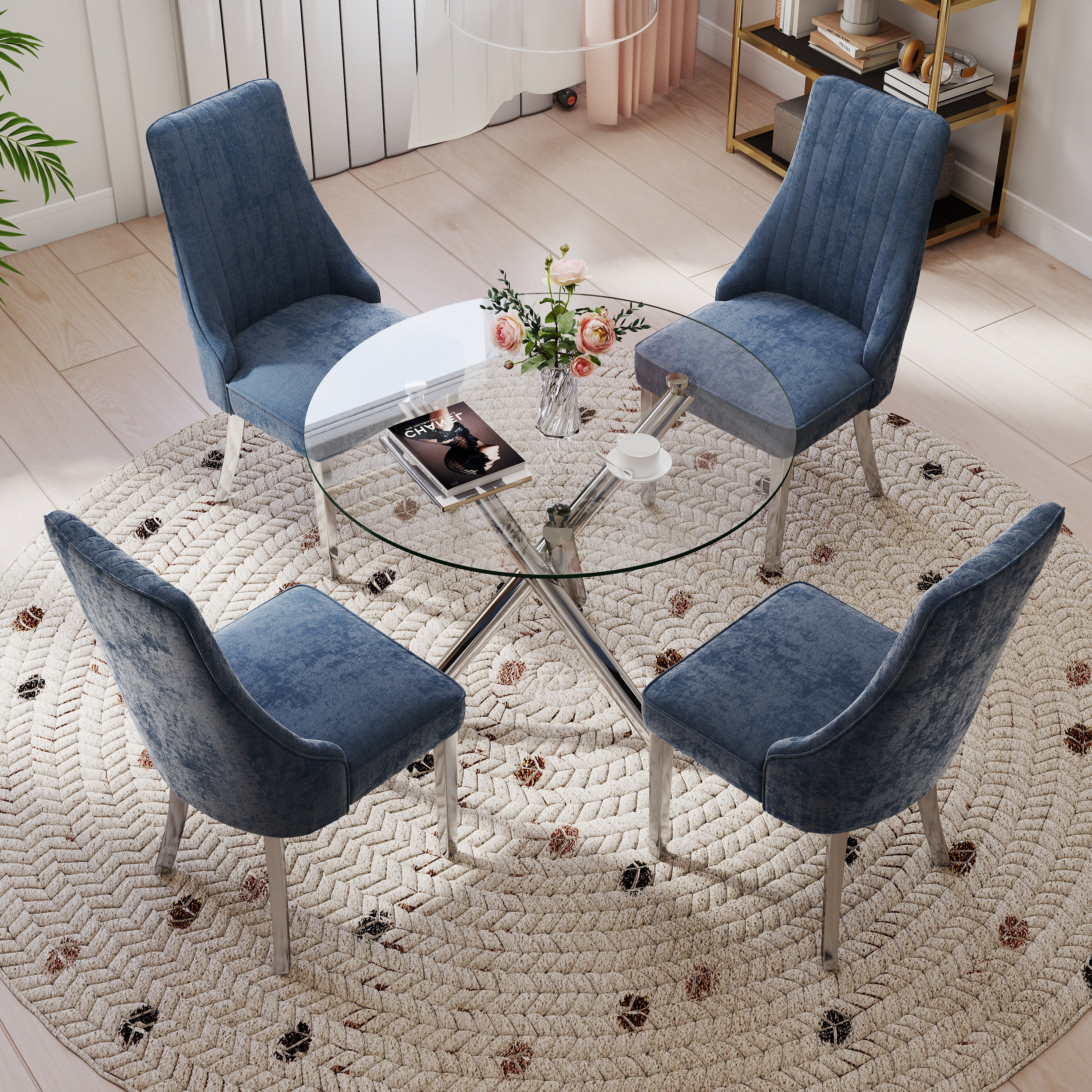 Ivy Bronx Modern Round Pedestal Dining Set with Chenille Dininig Chair ...