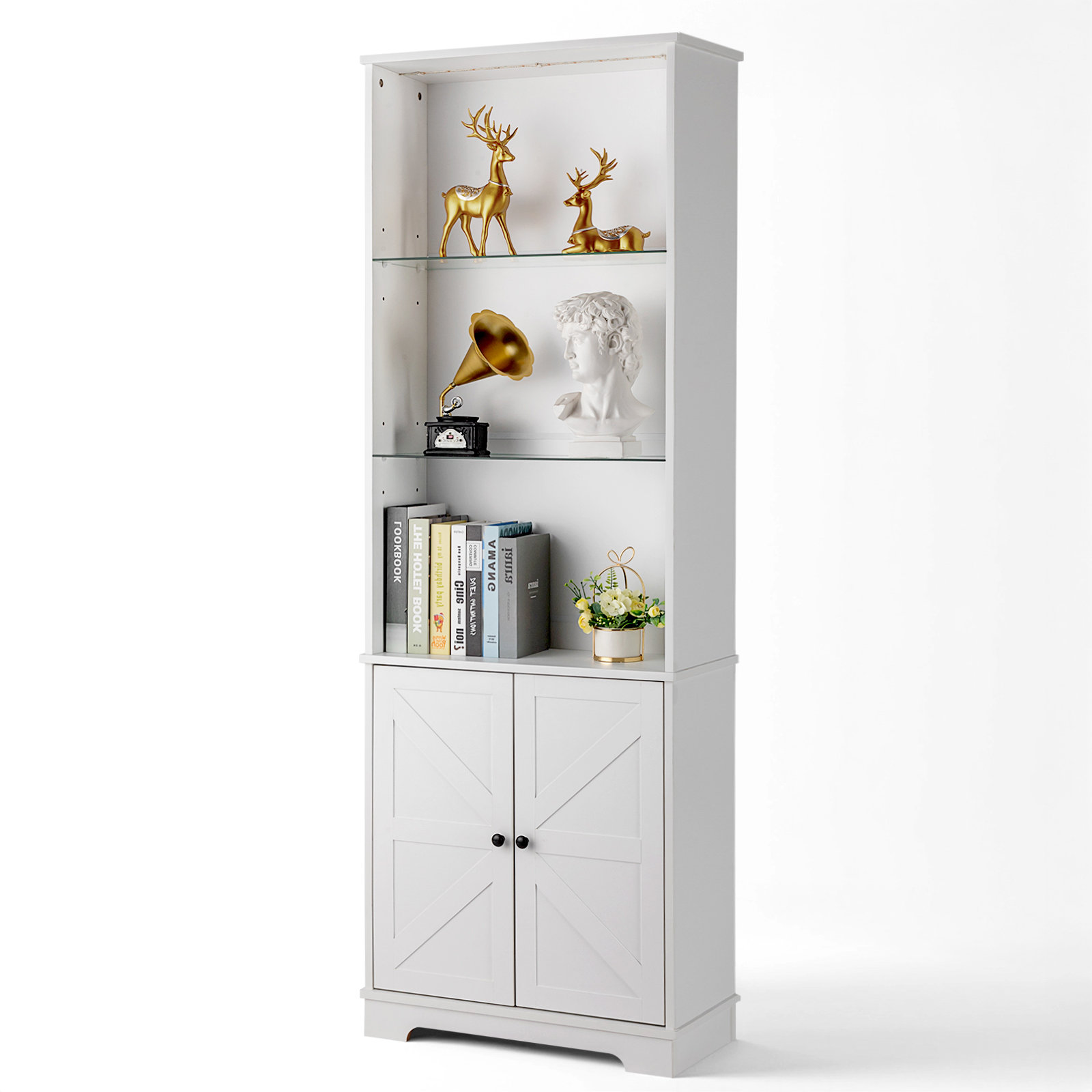 Gracie Oaks Forestport 3 Tier Glass Shelves With 2 Doors Double Z ...