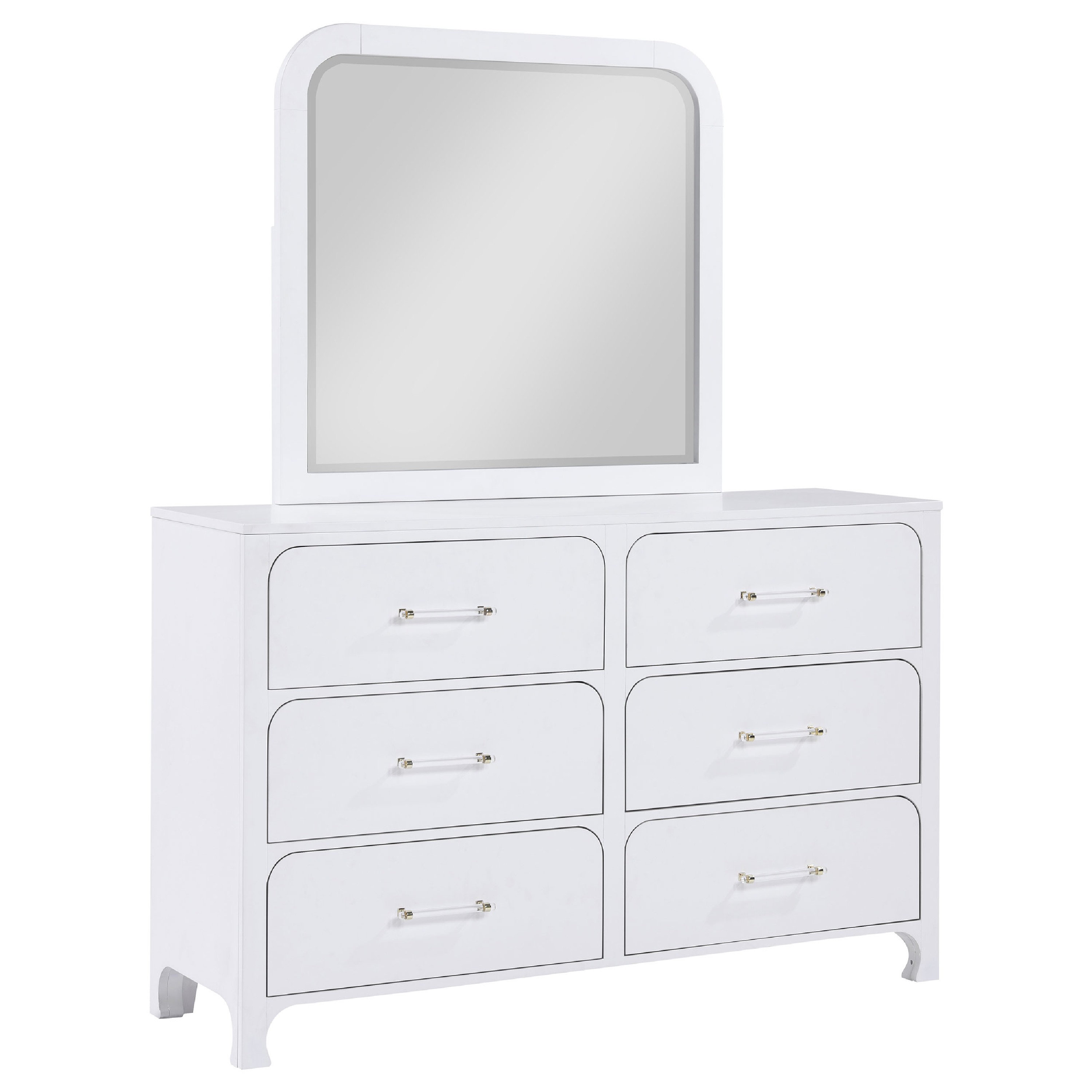 Benjara Asiy Wide Dresser With Mirror, 6 Drawers, Pearl White, Handles ...