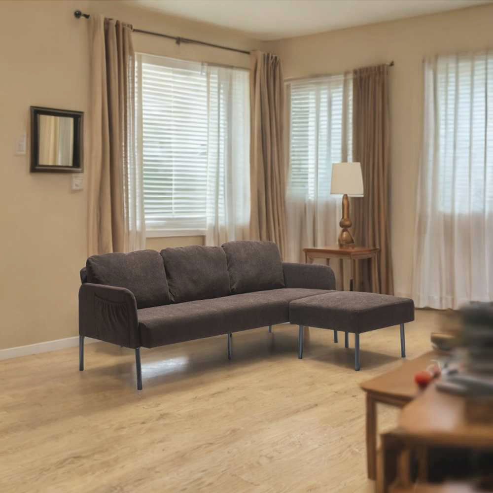 Ebern Designs 3 Seater L-Shaped Polyester Fabric Sofa with Ottoman ...