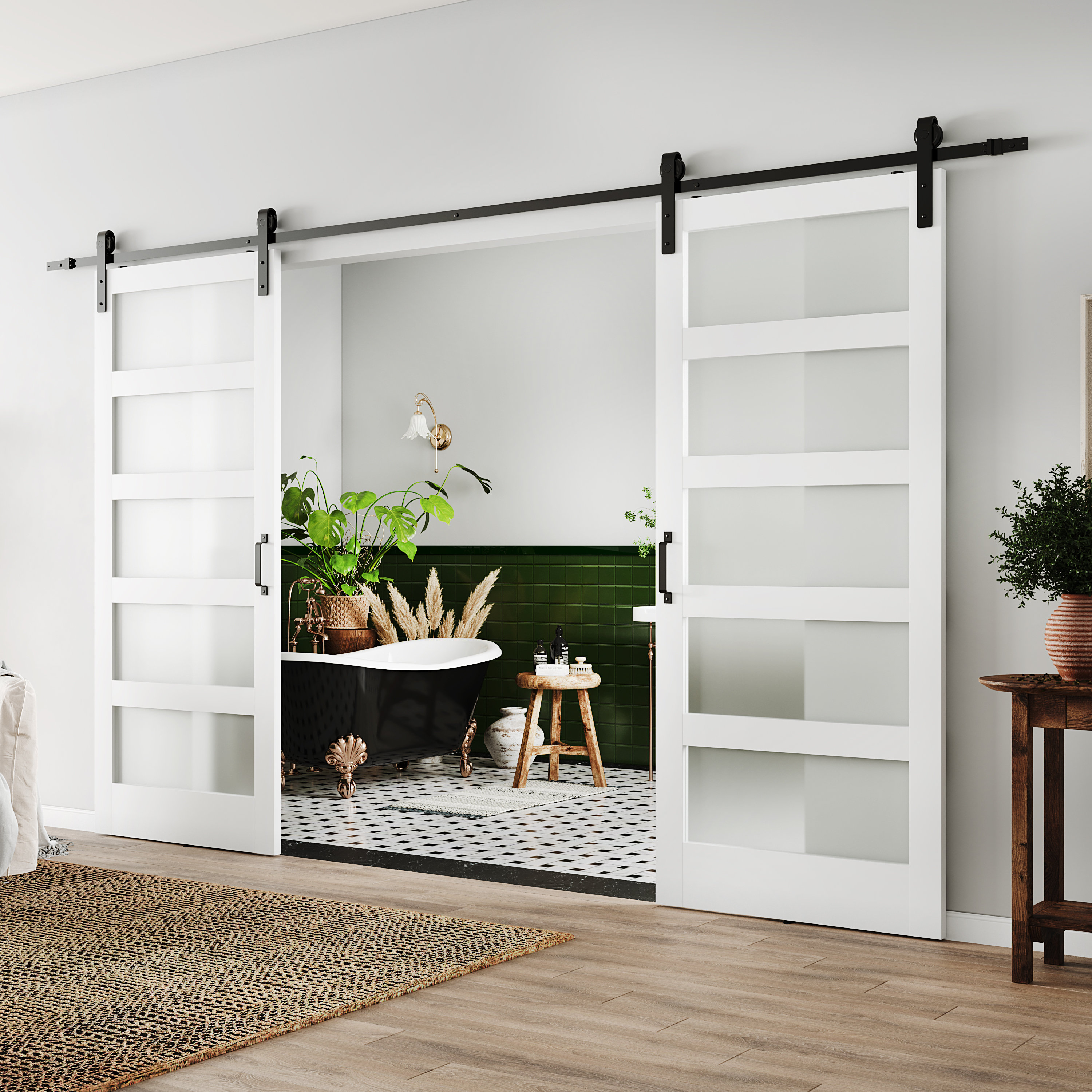 CHIC MODE Double Sliding Barn Doors 5 Lite Glass With Hardware Included ...