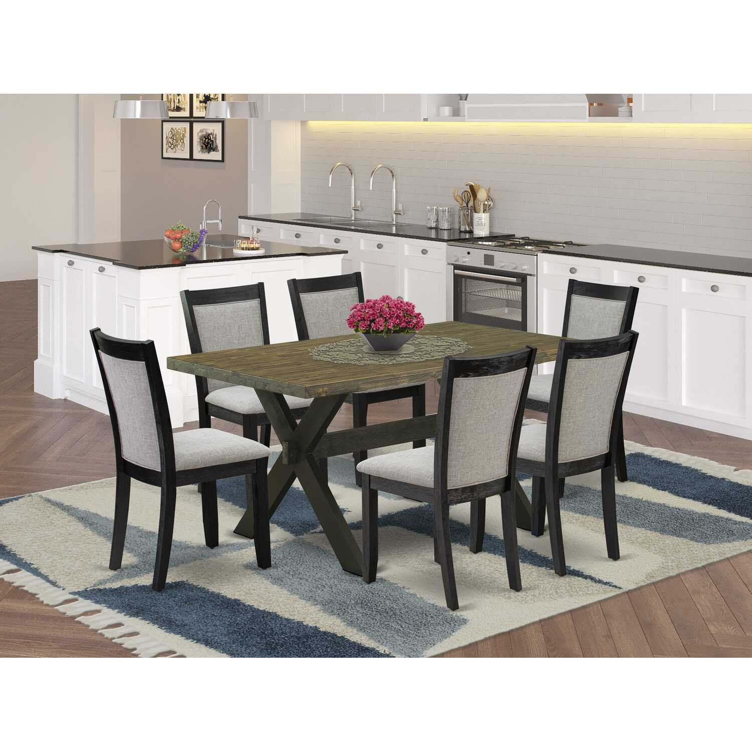 Gracie Oaks 7-Piece Distressed Jacobean Finish Solid Wood Top Dining ...