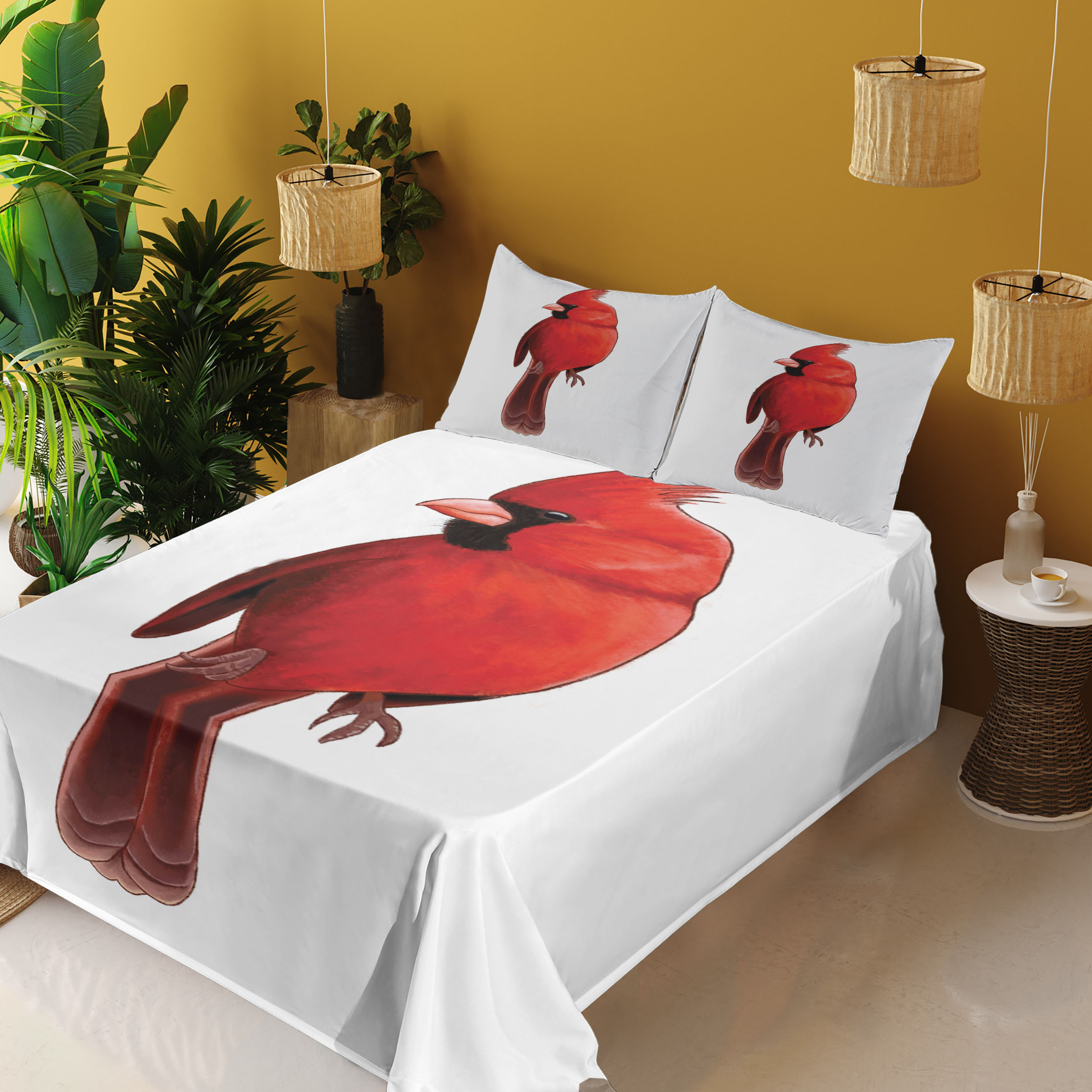 Ambesonne Cardinal Sheet Set Red Male Bird Drawing Art Burnt Sienna and ...