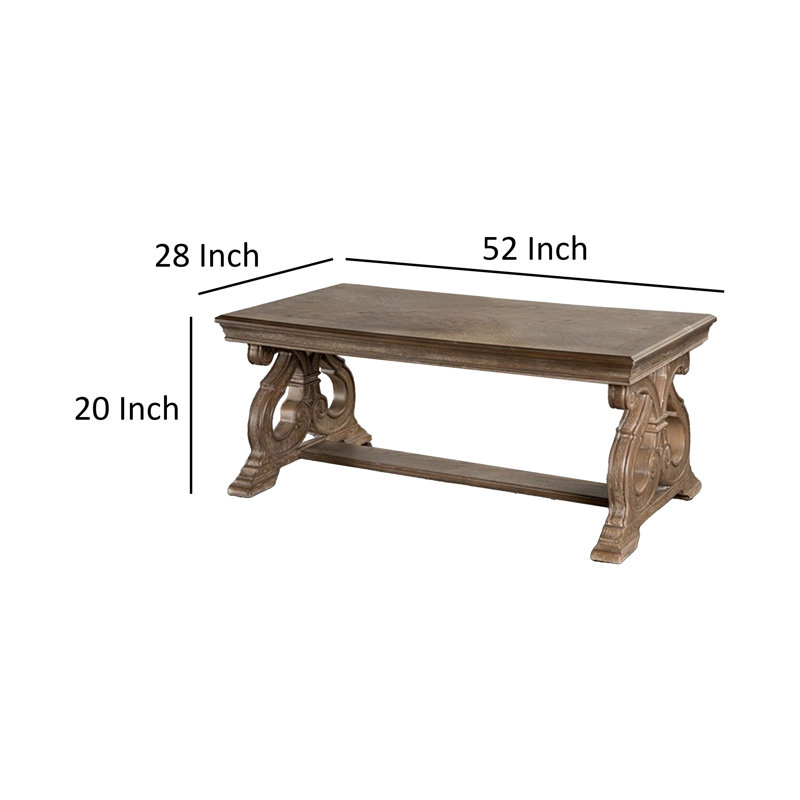 Benjara Gia Coffee Table, 52 Inch Rectangular Top, Carved Details ...