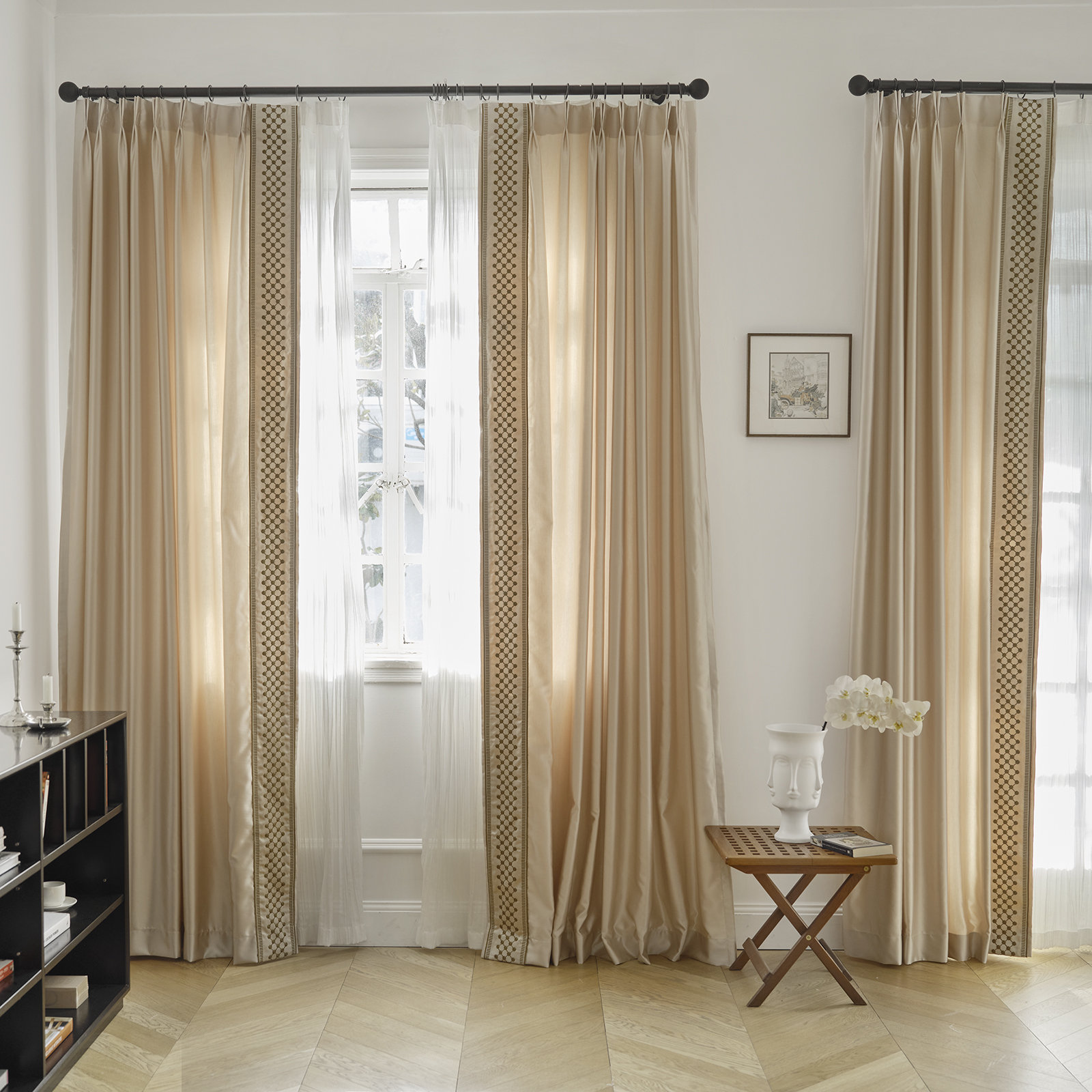 Mercer41 Apricot Silk-Like Pleated Curtains, Gold-Edged Embroidered ...