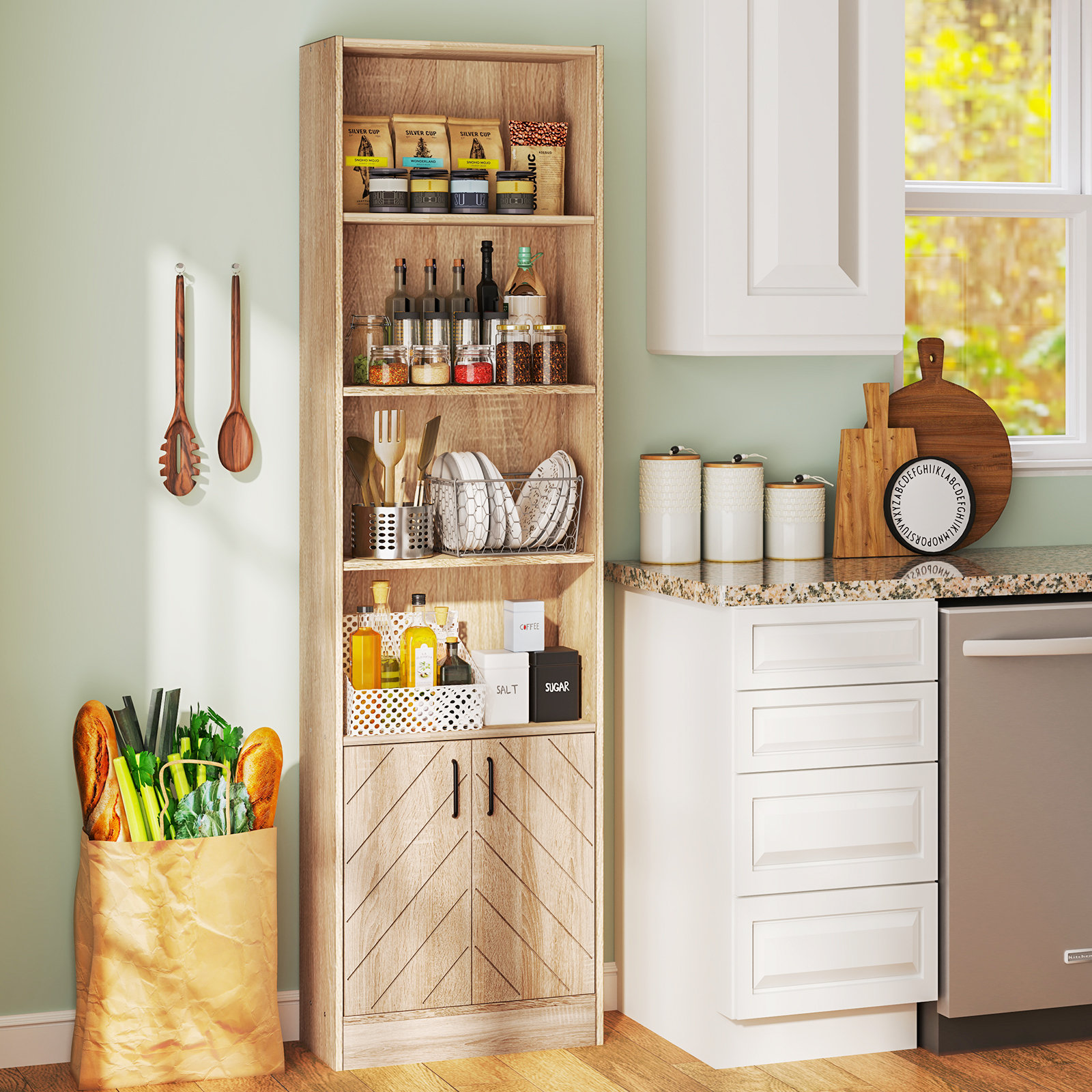 Latitude Run® 71'' Bookshelf w/2-Door Cabinet 6-Tier Bookcase Tall ...