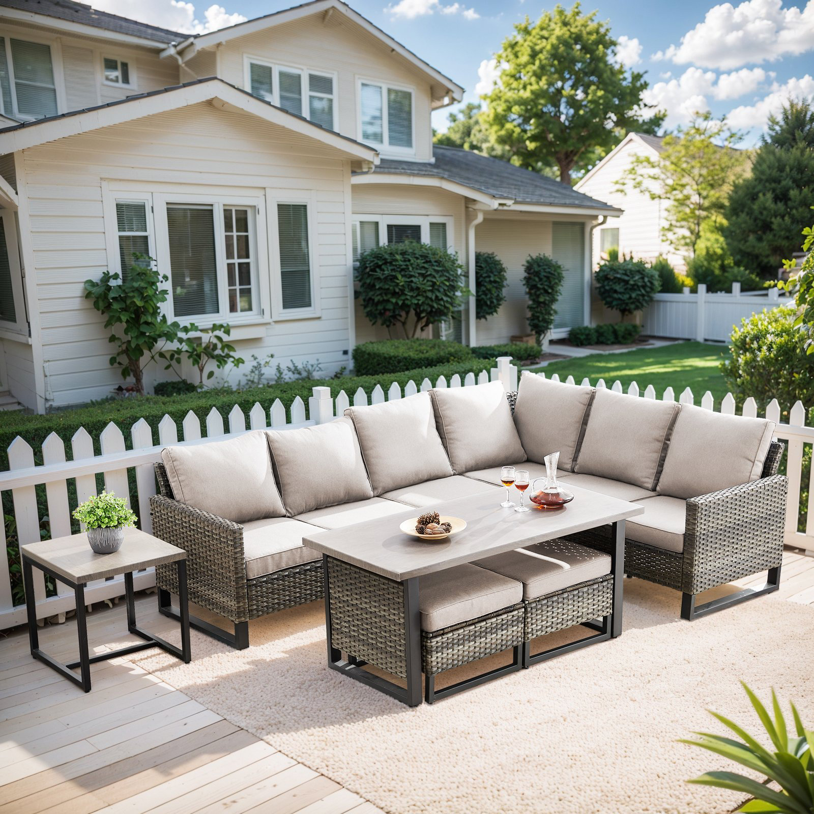Ebern Designs Naresa 5-Piece Outdoor Wicker Furniture Set, L-Shaped ...