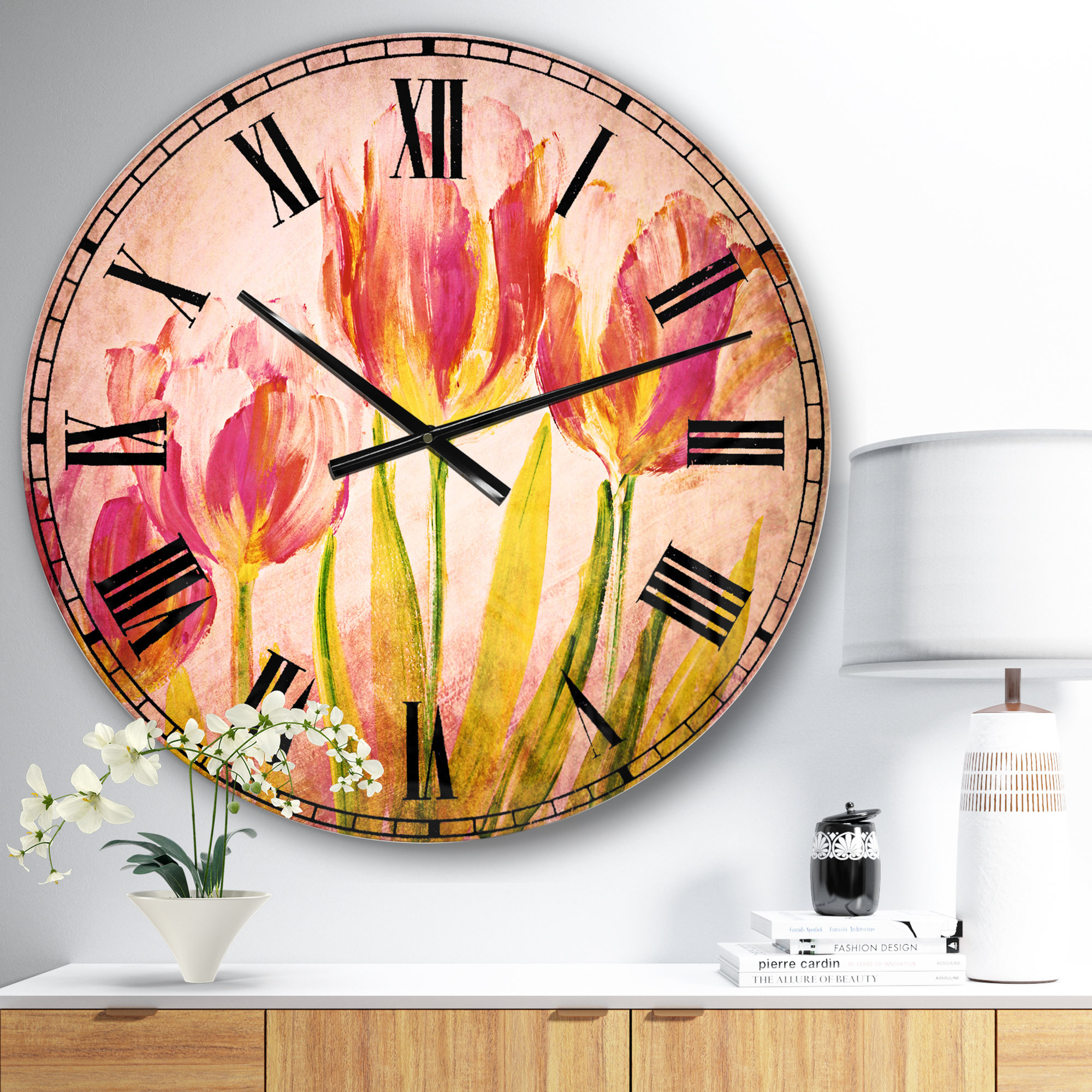 East Urban Home Red Tulips - Traditional wall clock | Wayfair
