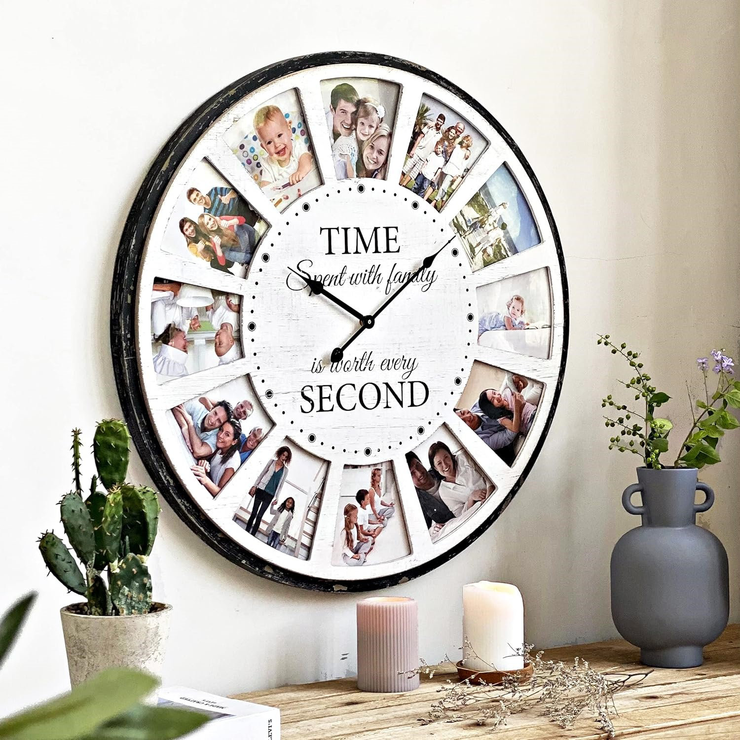 Lark Manor 12 Photo Collage Family Wood Wall Clock, Rustic Farmhouse ...