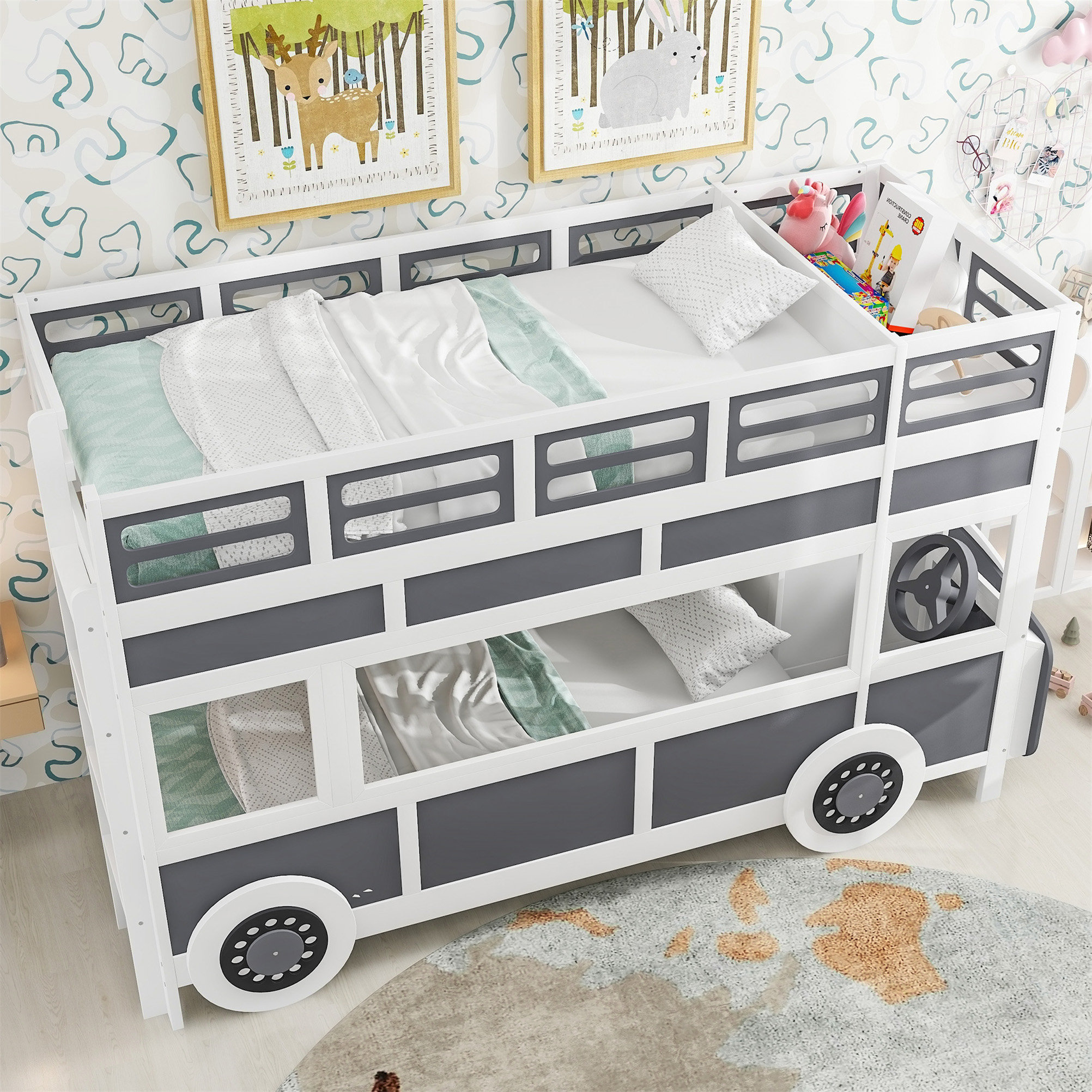 Zoomie Kids Twin Over Twin Bus-Shaped Bunk Bed With Wheels And Storage ...