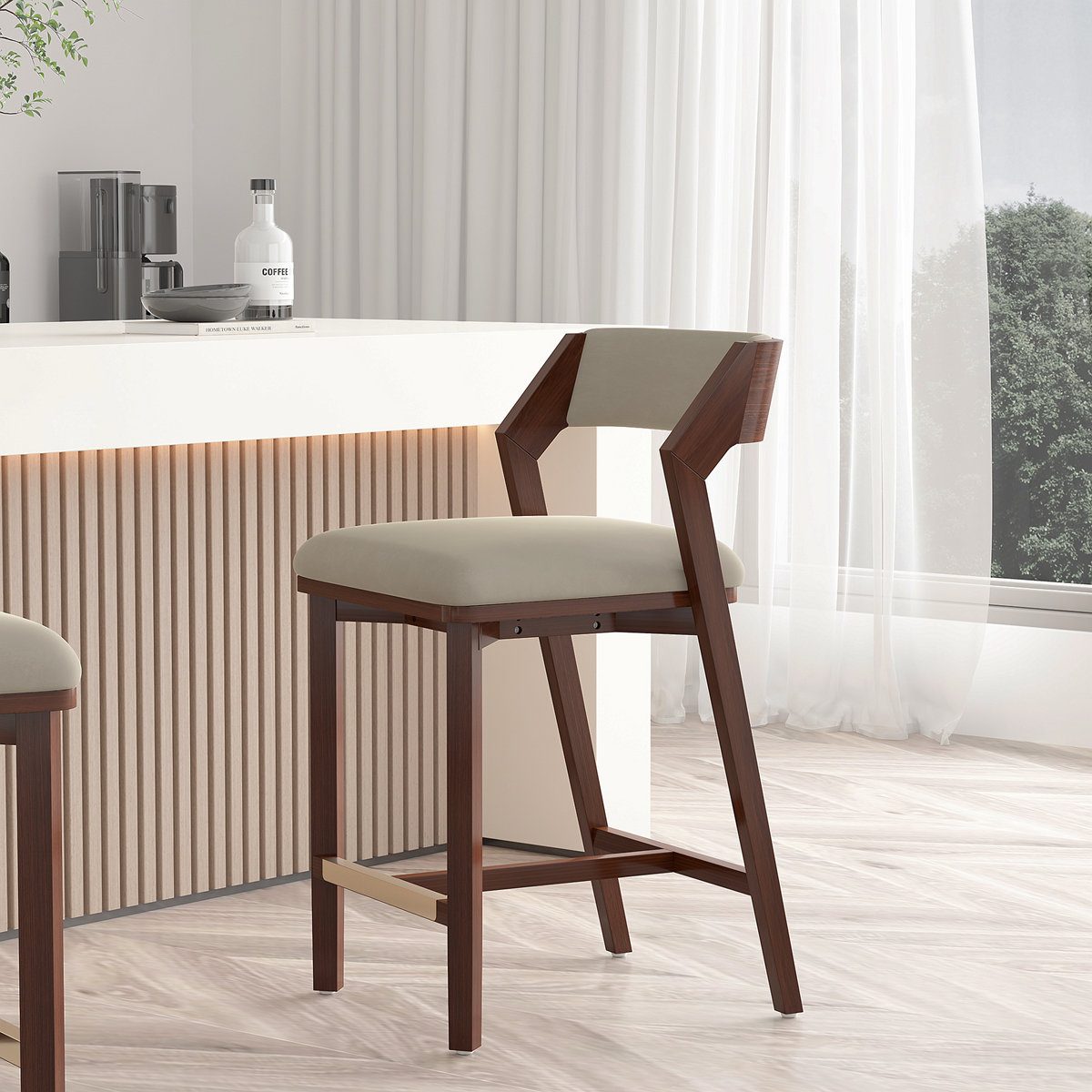 Latitude Run® Patricia Linen Velvet Counter Stool With Beech Wood Legs ...