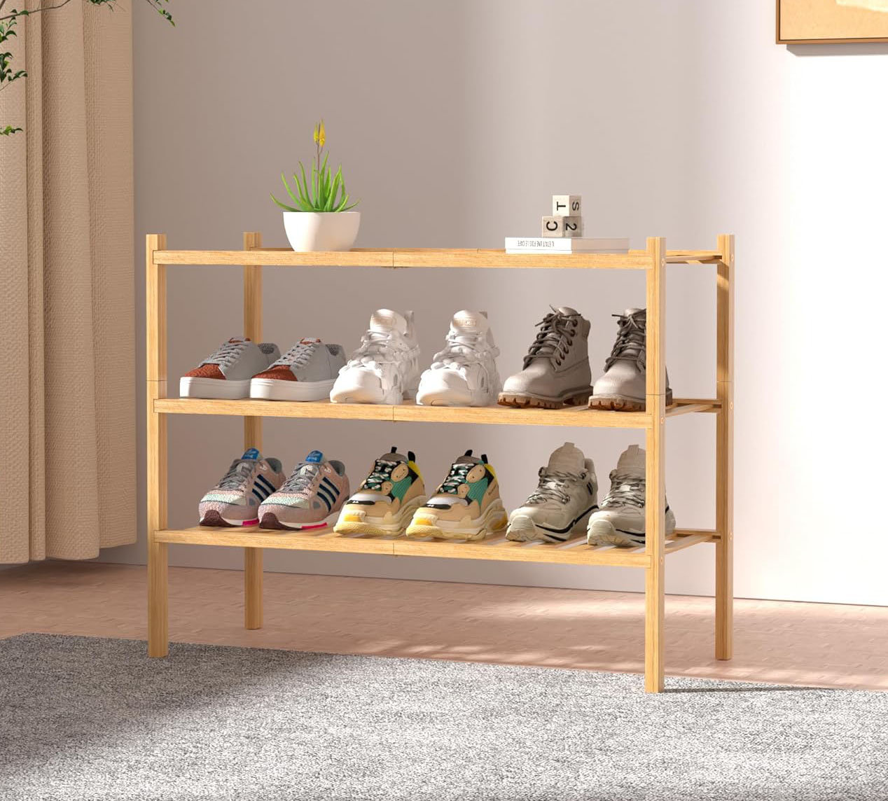 Rebrilliant 3 Tier Bamboo Shoe Rack for Closet Free Standing Wood Shoe ...