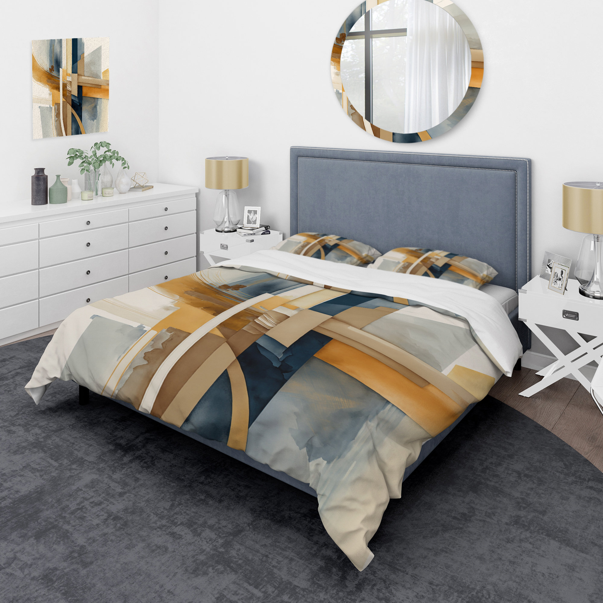 Design Art Modern Blue And Gold Abstract I Microfiber / Polyester Duvet ...