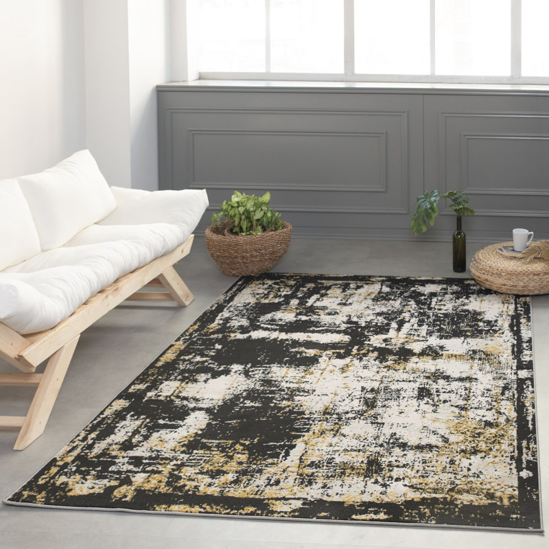17 Stories Performance Neutral Ivory/Black/Gold Rug & Reviews | Wayfair