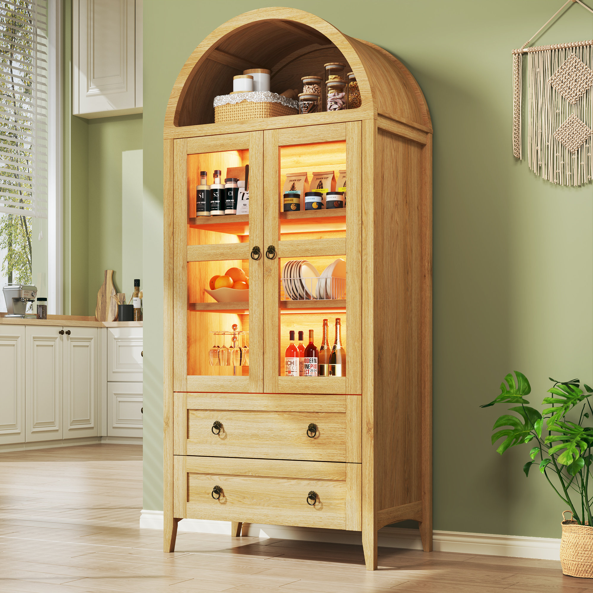 Wrought Studio™ Wooden Arched Display Storage Cabinet, Kitchen Pantry ...
