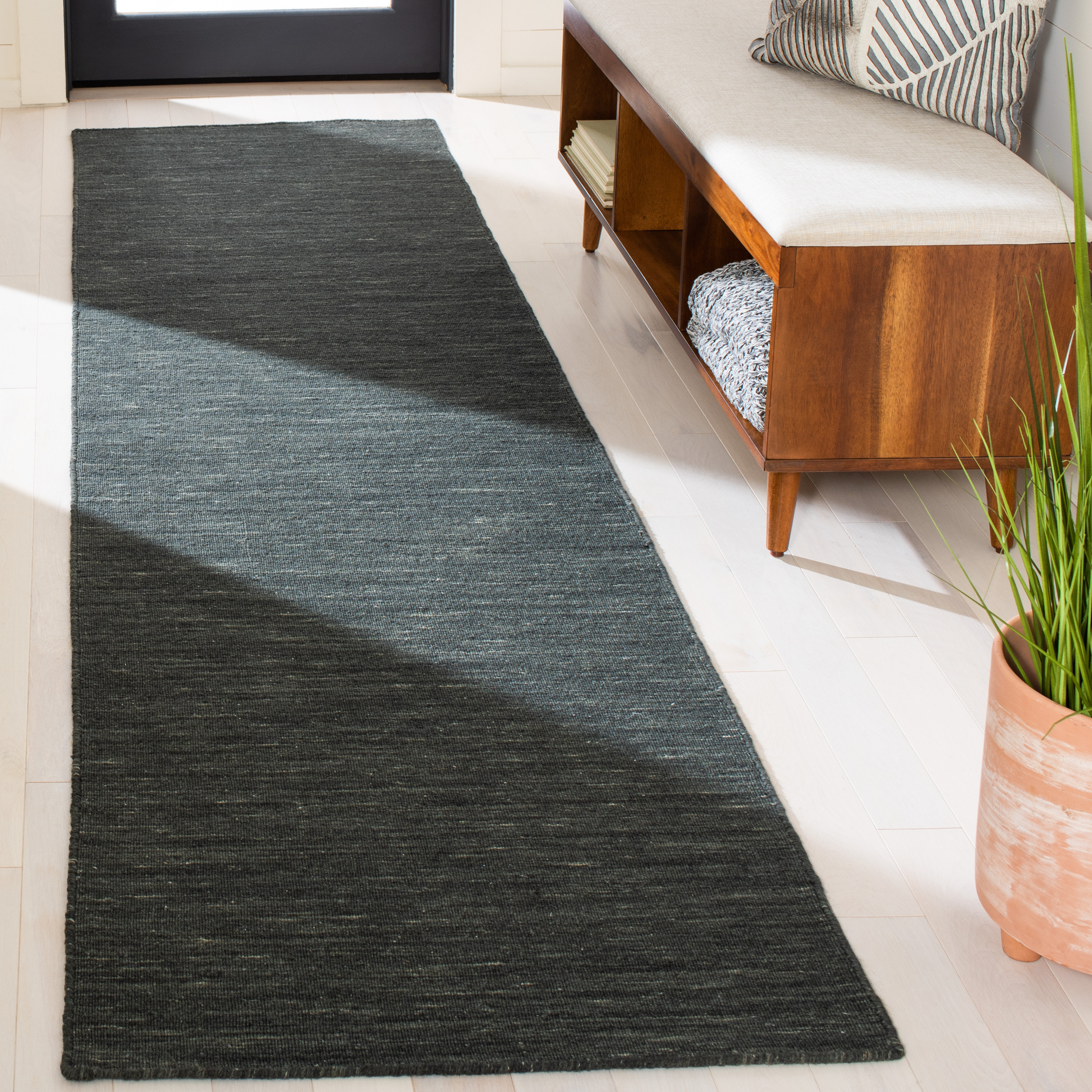 Ebern Designs Kilim Hand Loomed Wool/Cotton Rug in Charcoal/Gray | Wayfair