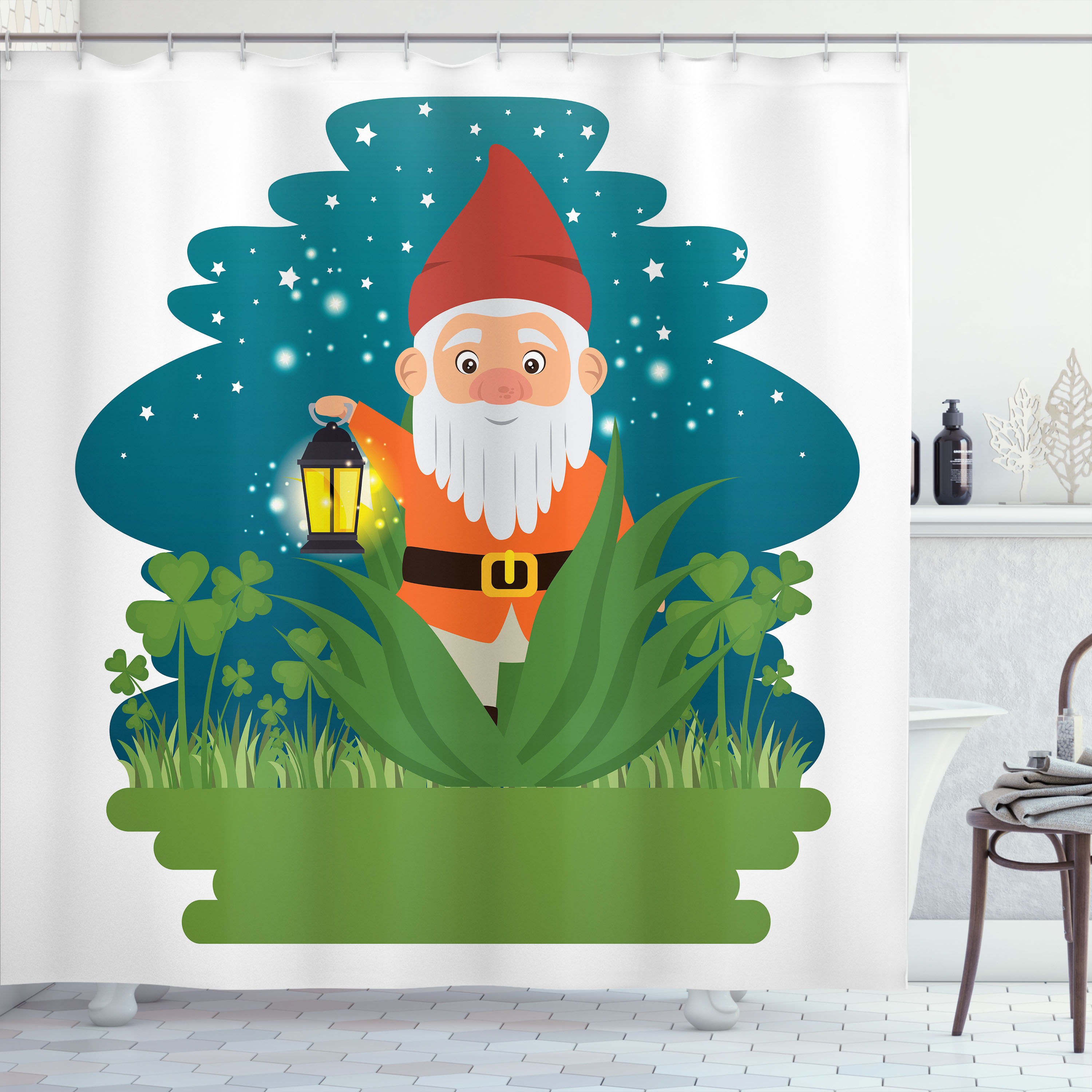 Dakota Fields Gnome Shower Curtain Dwarf on Grassy Meadow Fun 69"Wx84"L ...
