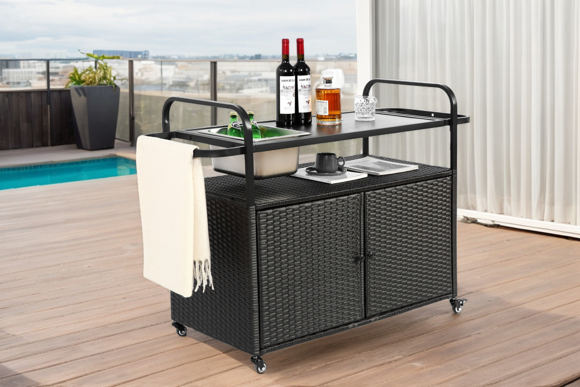 Latitude Run® Beige Outdoor Bar Table Wicker Bar Cart With Steel Top ...