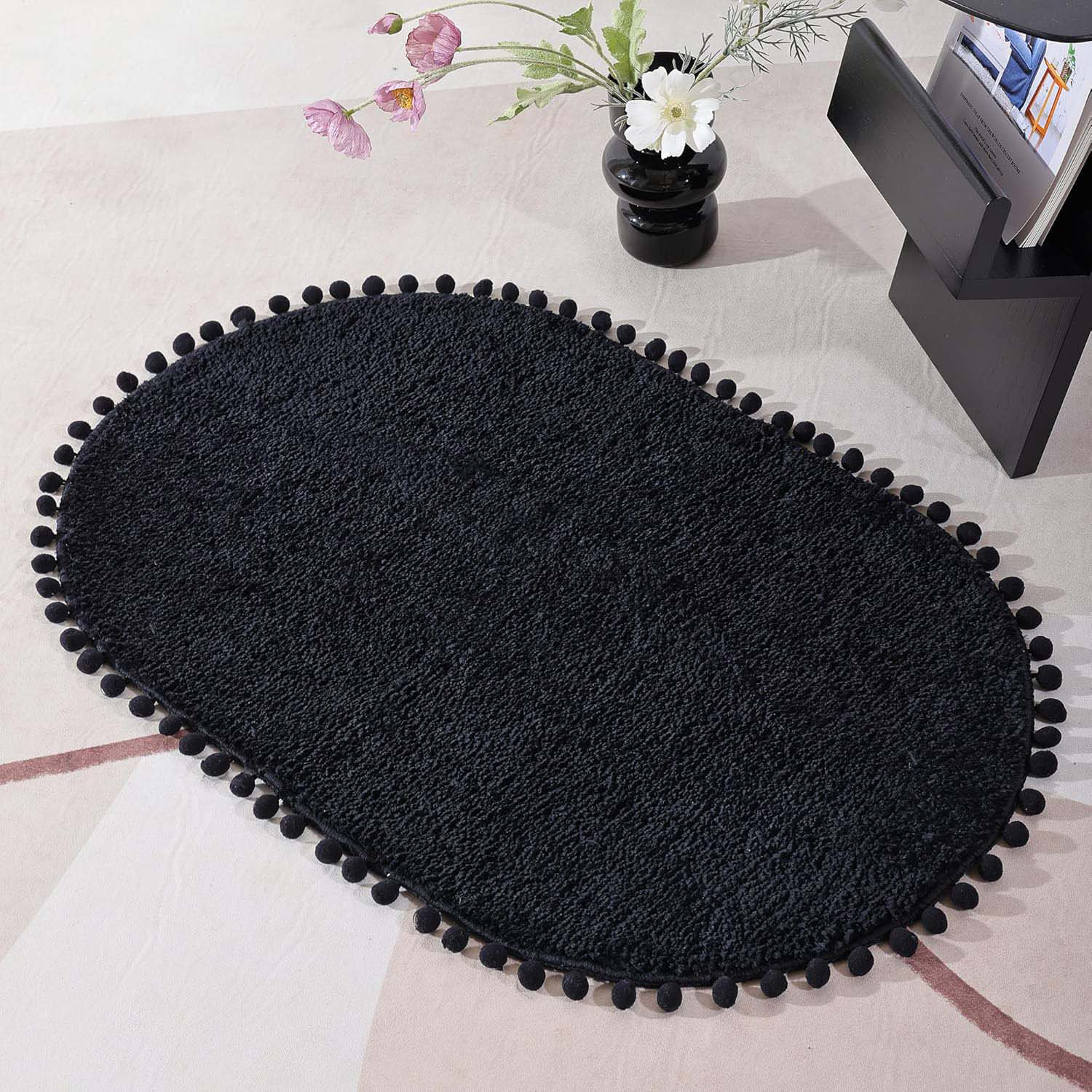 Dakota Fields Bath Mat Black Rug With Pom Oval Bathroom Rugs For ...